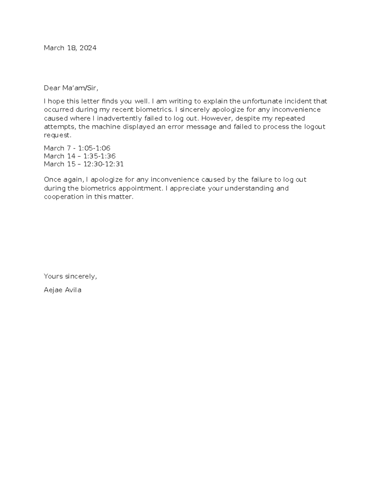 Explanation letter dtr - March 18, 2024 Dear Ma’am/Sir, I hope this ...