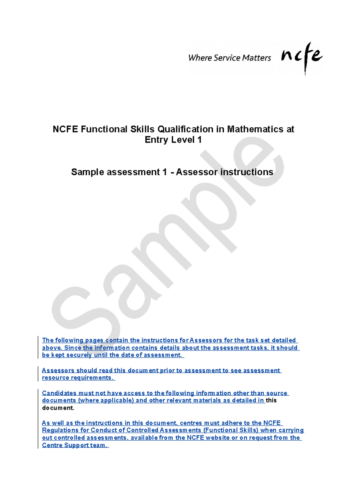 Sample Assessor Instructions and Guidance Mathematics Entry Level 1 ...
