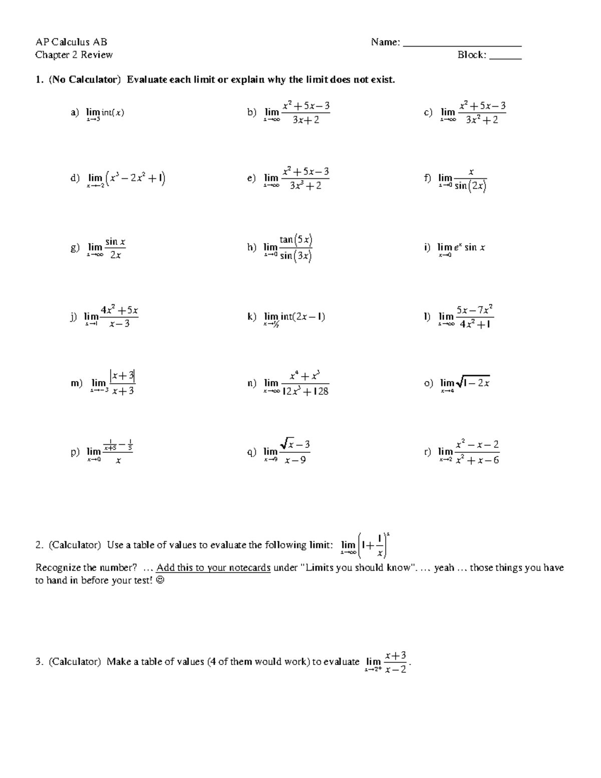 Calc - Chapter 2 Review - Notes - AP Calculus AB Name ...