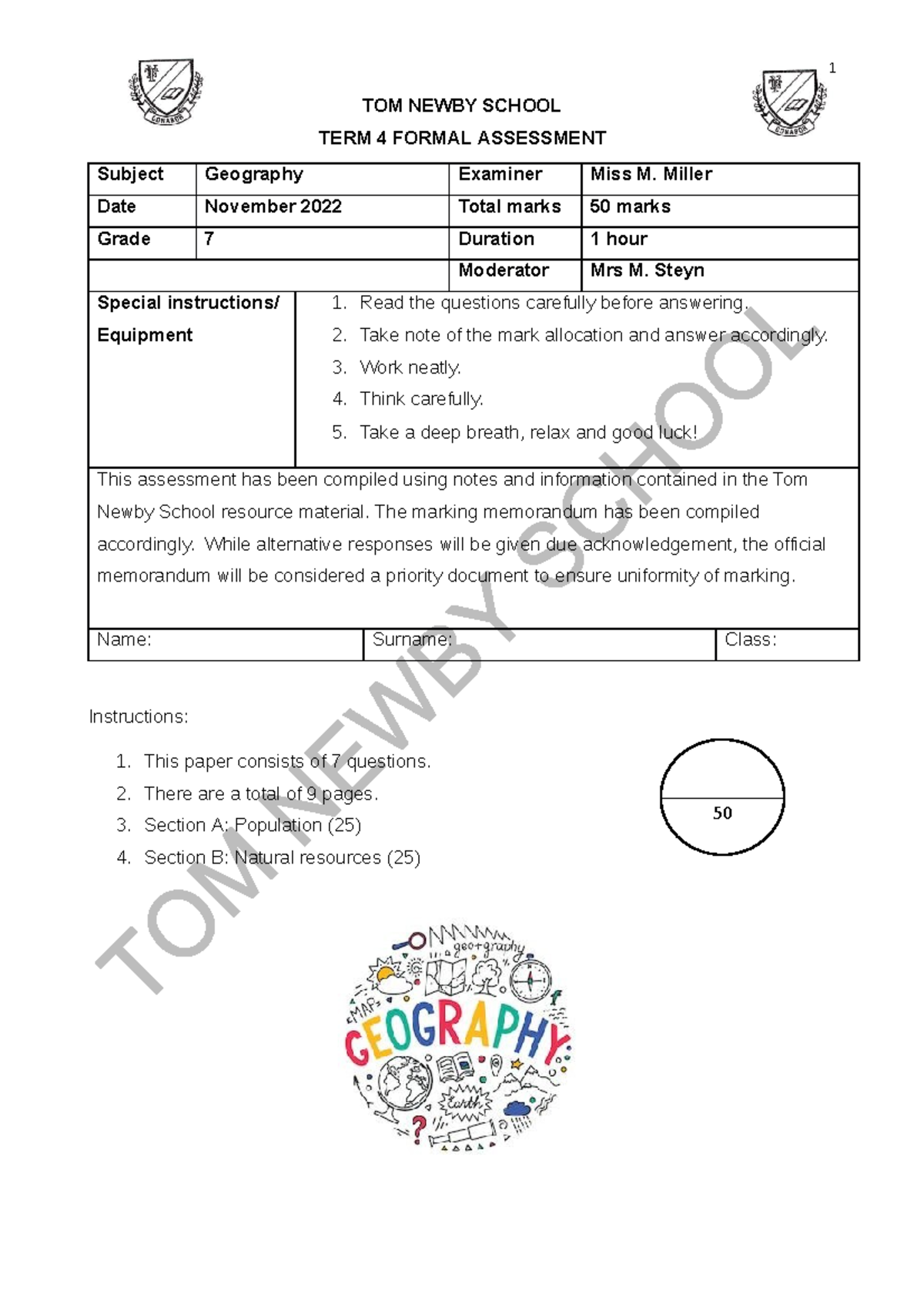 Geography exam November - 1 50 TOM NEWBY SCHOOL TERM 4 FORMAL ...