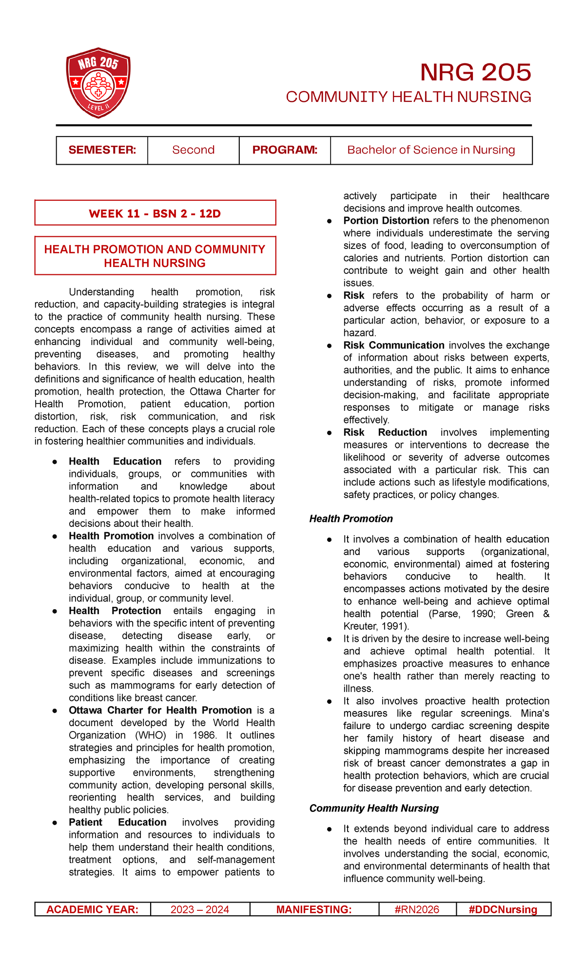 NRG 205 - PRE- Final Transes - WEEK 11 - BSN 2 - 12D HEALTH PROMOTION ...
