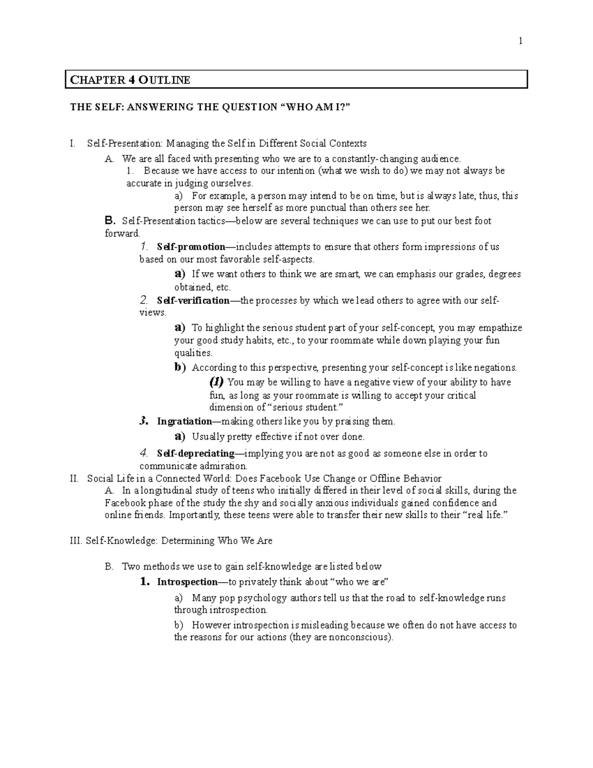 Chapter 4 - CHAPTER 4 OUTLINE THE SELF: ANSWERING THE QUESTION “WHO AM ...