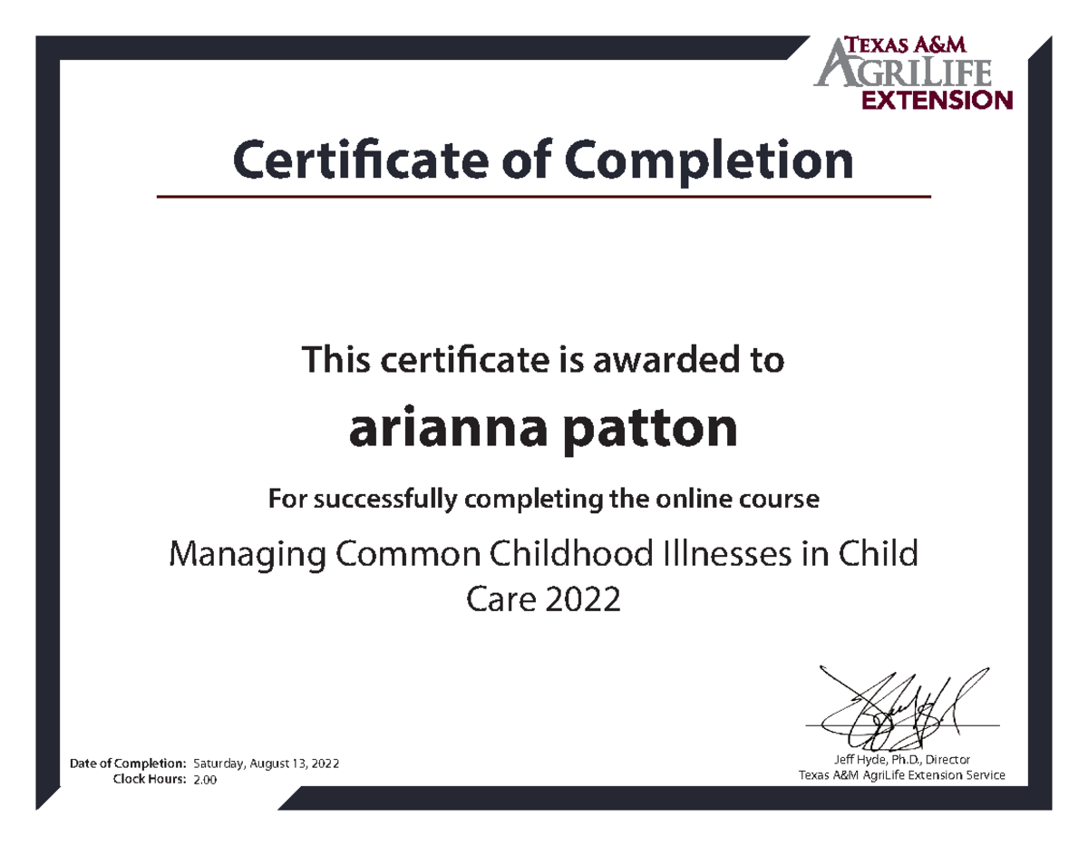 Certificate - Clock Hours Managing Common Childhood Illnesses in Child ...