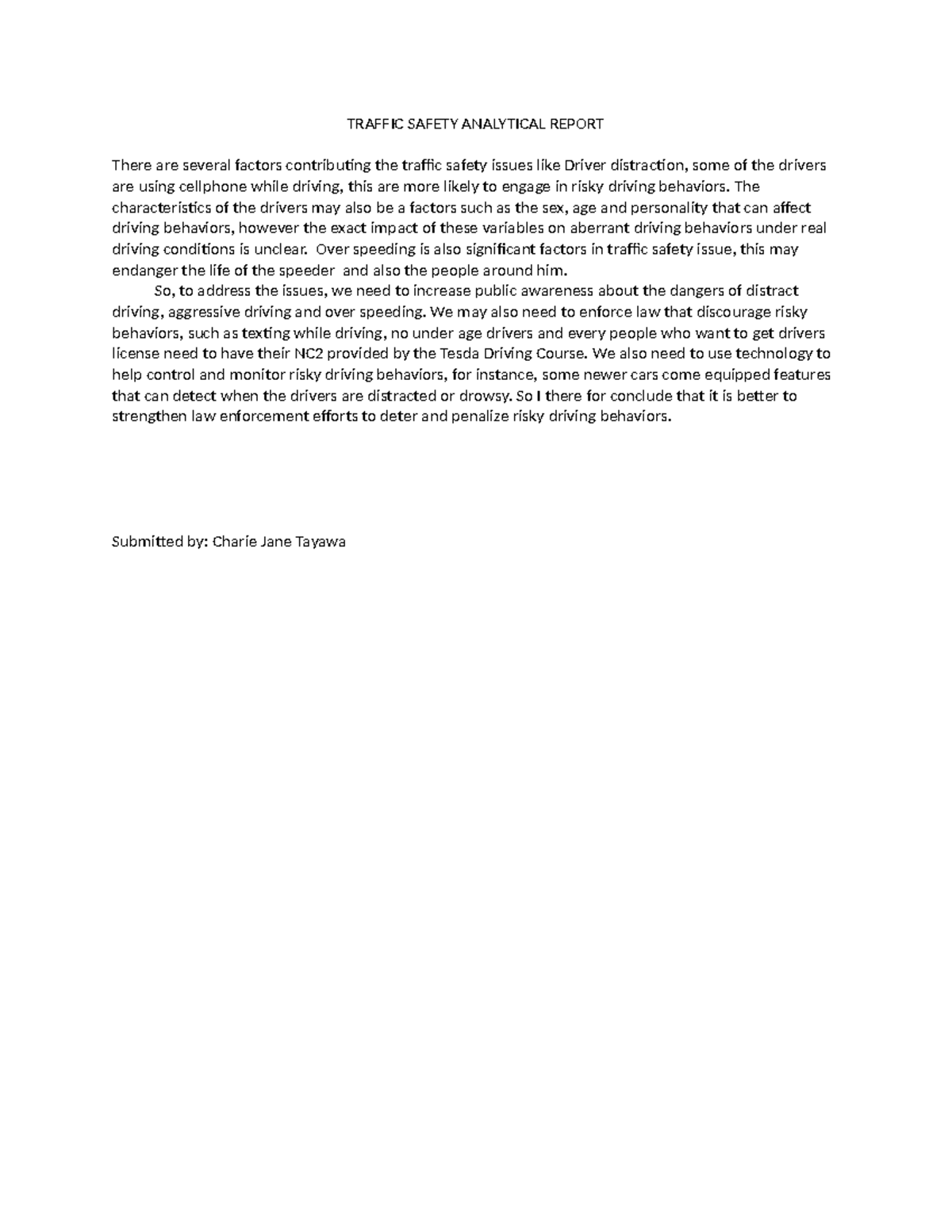 Traffic safety; An Analytical Paper - TRAFFIC SAFETY ANALYTICAL REPORT ...