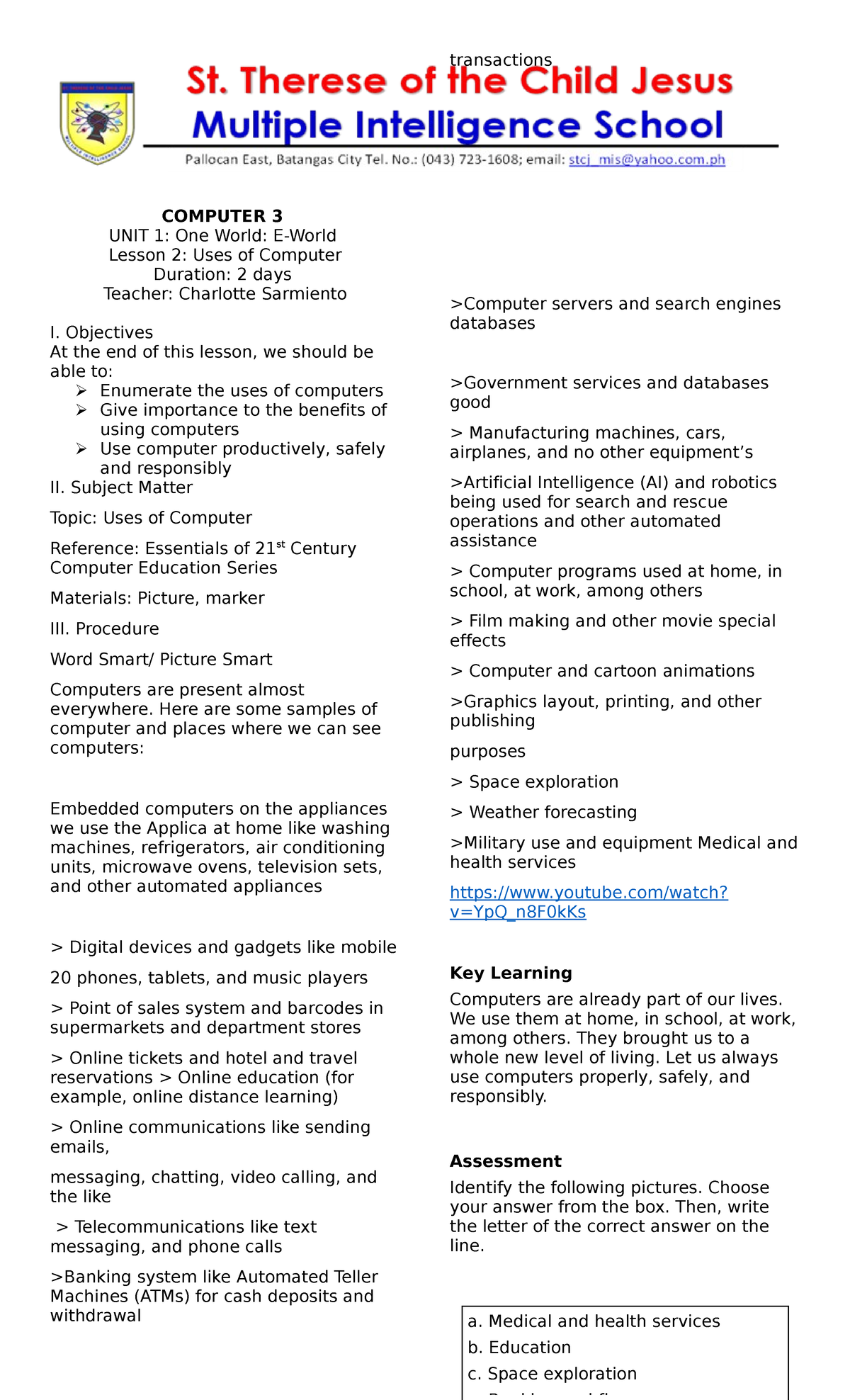 Q1 Lesson Plan Computer 3 - COMPUTER 3 UNIT 1: One World: E-World ...