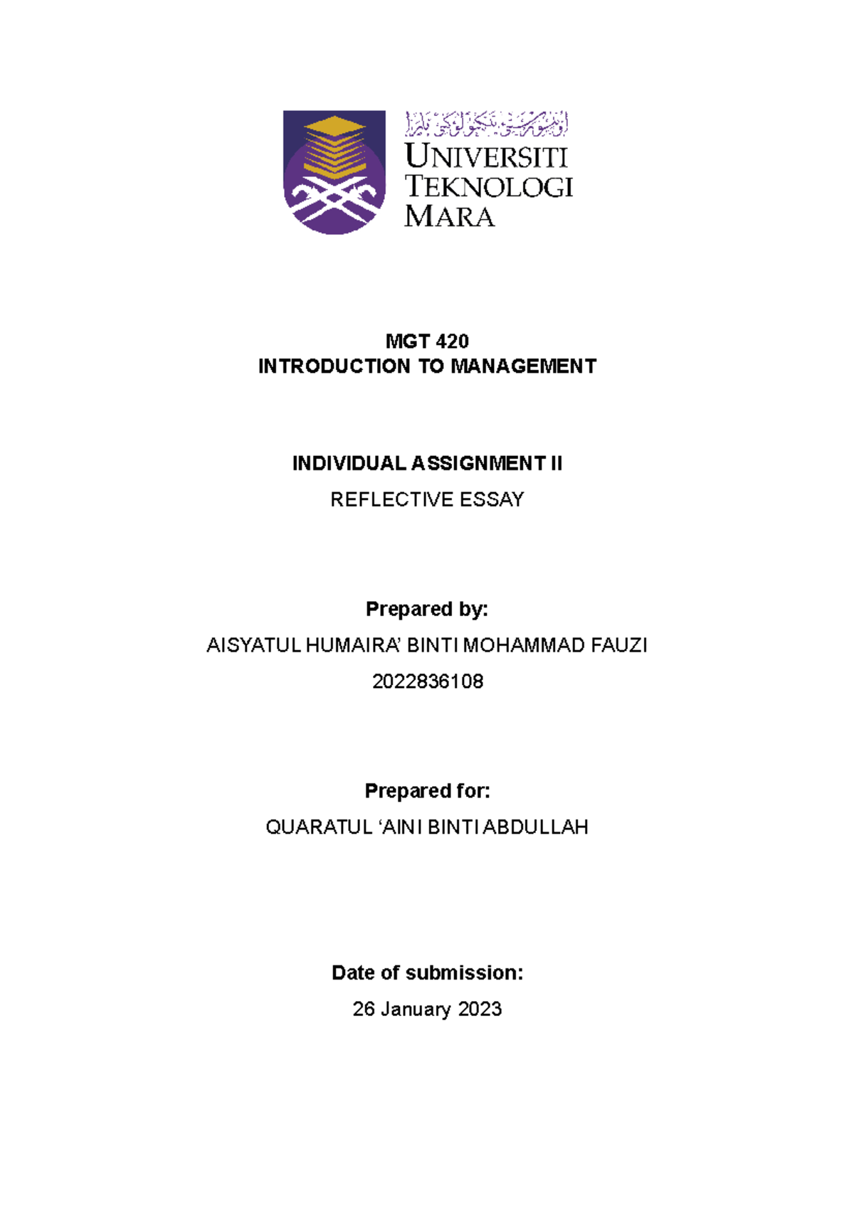 Cover page - MGT 420 INTRODUCTION TO MANAGEMENT INDIVIDUAL ASSIGNMENT ...