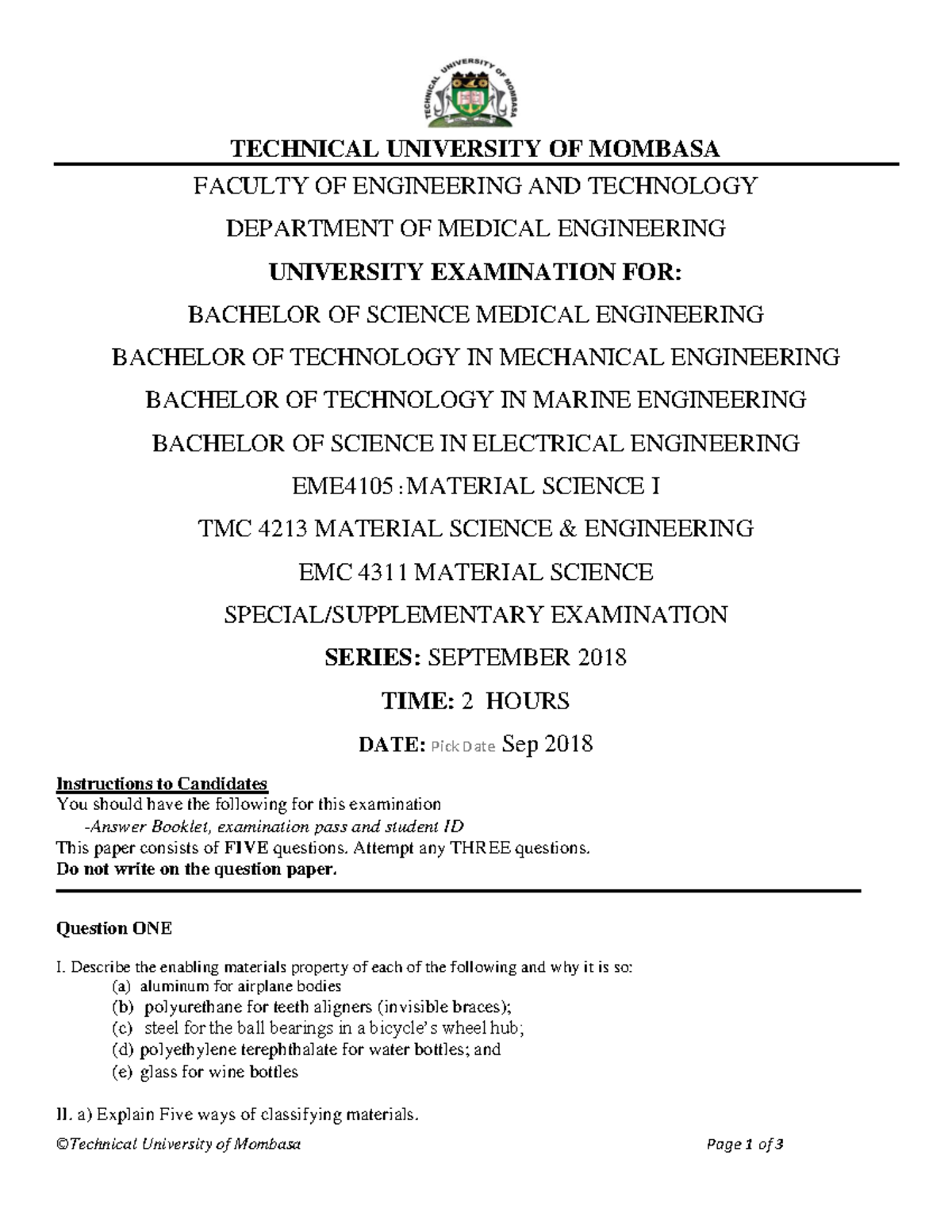 EME 4105 Material Science I P2 - ©Technical University of Mombasa Page 1 of 3 TECHNICAL ...