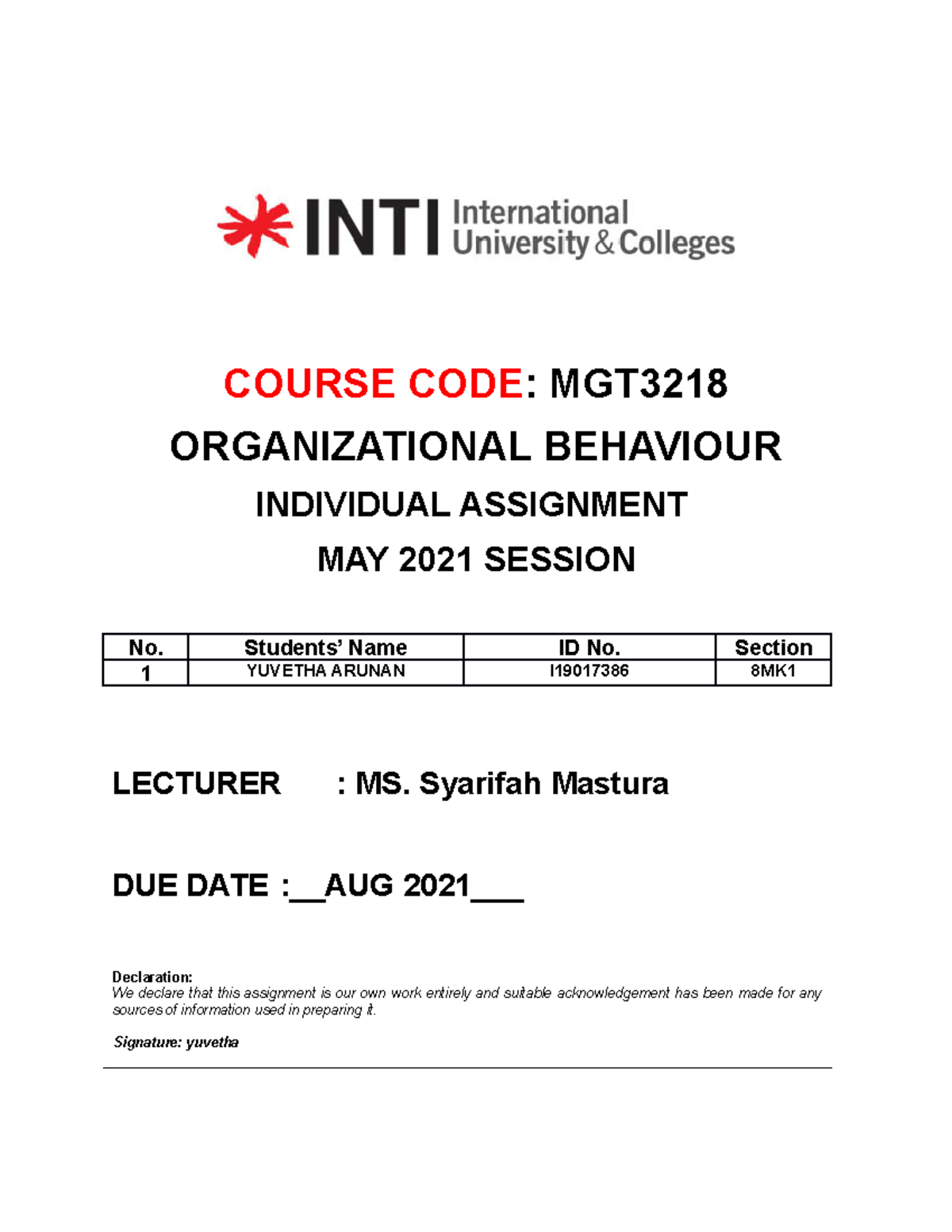 Draft Individual Assignment - COURSE CODE: MGT ORGANIZATIONAL BEHAVIOUR ...