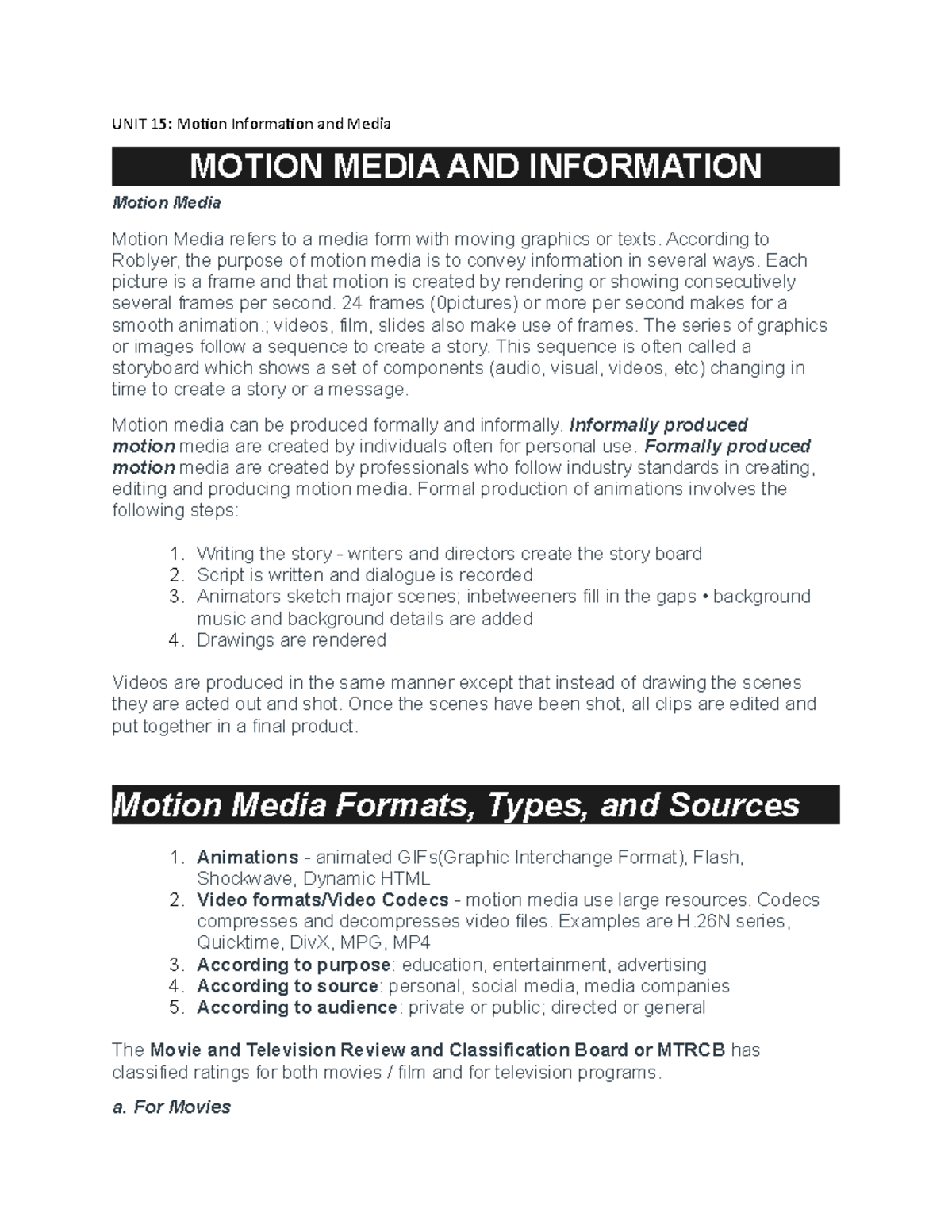 UNIT 15 - PE module - UNIT 15: Motion Information and Media MOTION ...