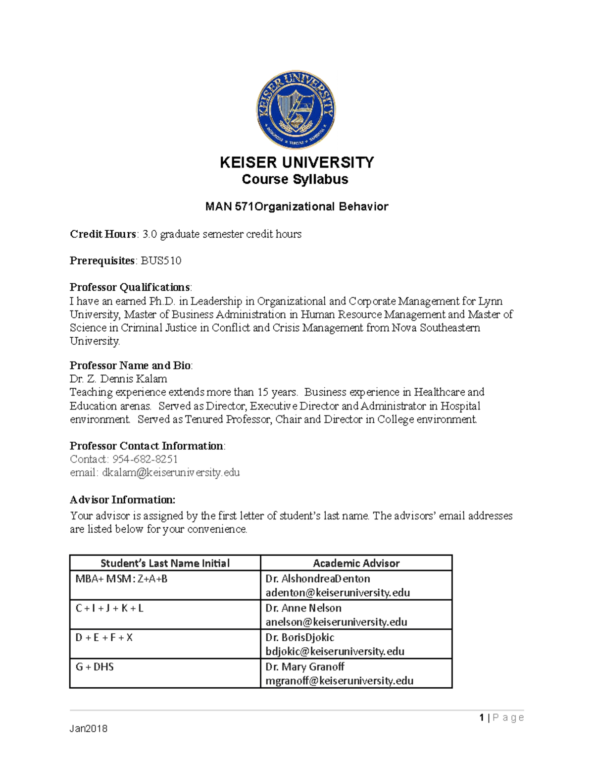 2018 MAN 571 Organizational Behavior Syllabus - KEISER UNIVERSITY ...