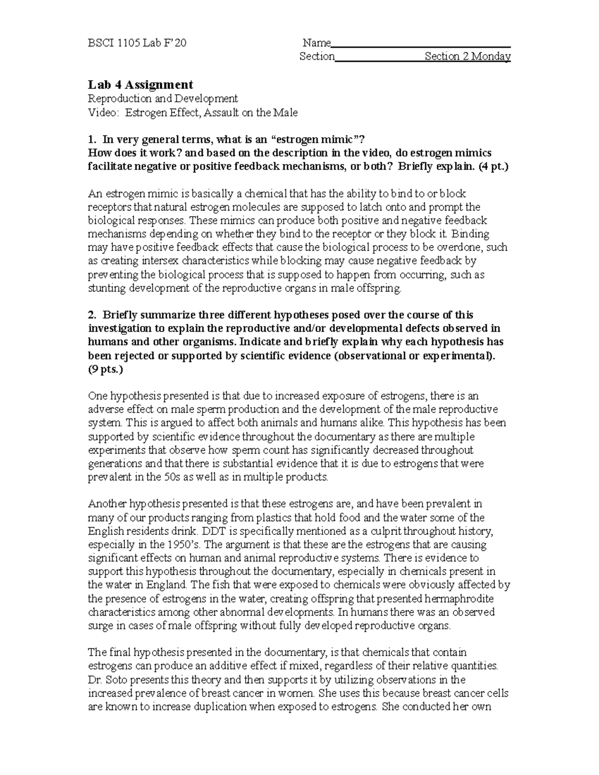 HB F'20-Lab4-Video Assignment - BSCI 1105 Lab F’20 Name Section Section ...