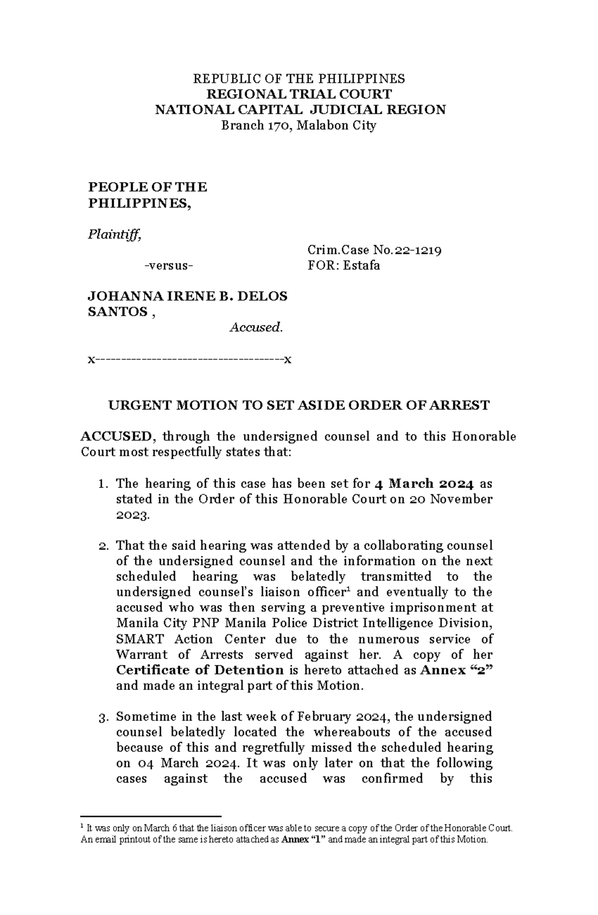 Motion to set aside order of arrest and confiscation of bail bond -JORS ...