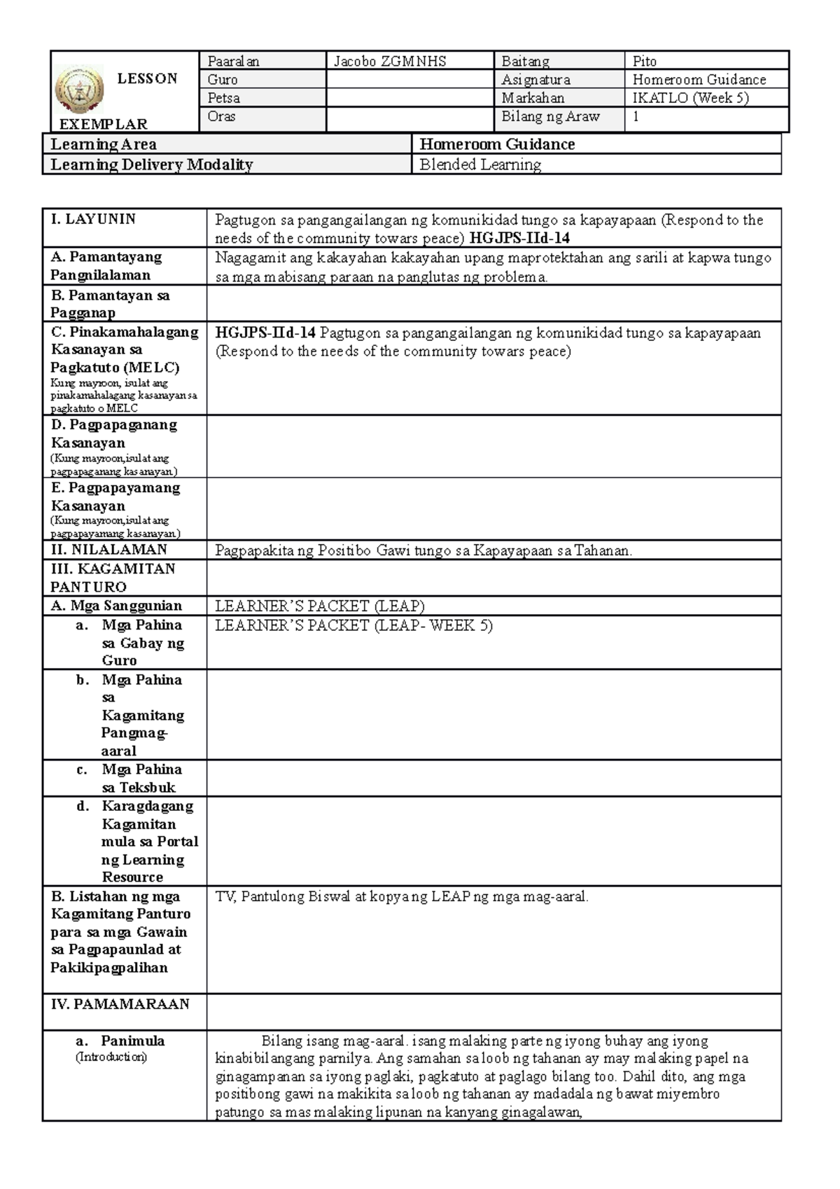 Homeroom Guidance WEEK 5 - LESSON EXEMPLAR Paaralan Jacobo ZGMNHS ...