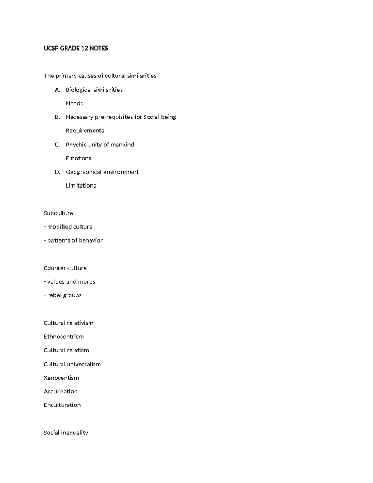 UCSP Grade 12 Notes - UCSP GRADE 12 NOTES The primary causes of ...