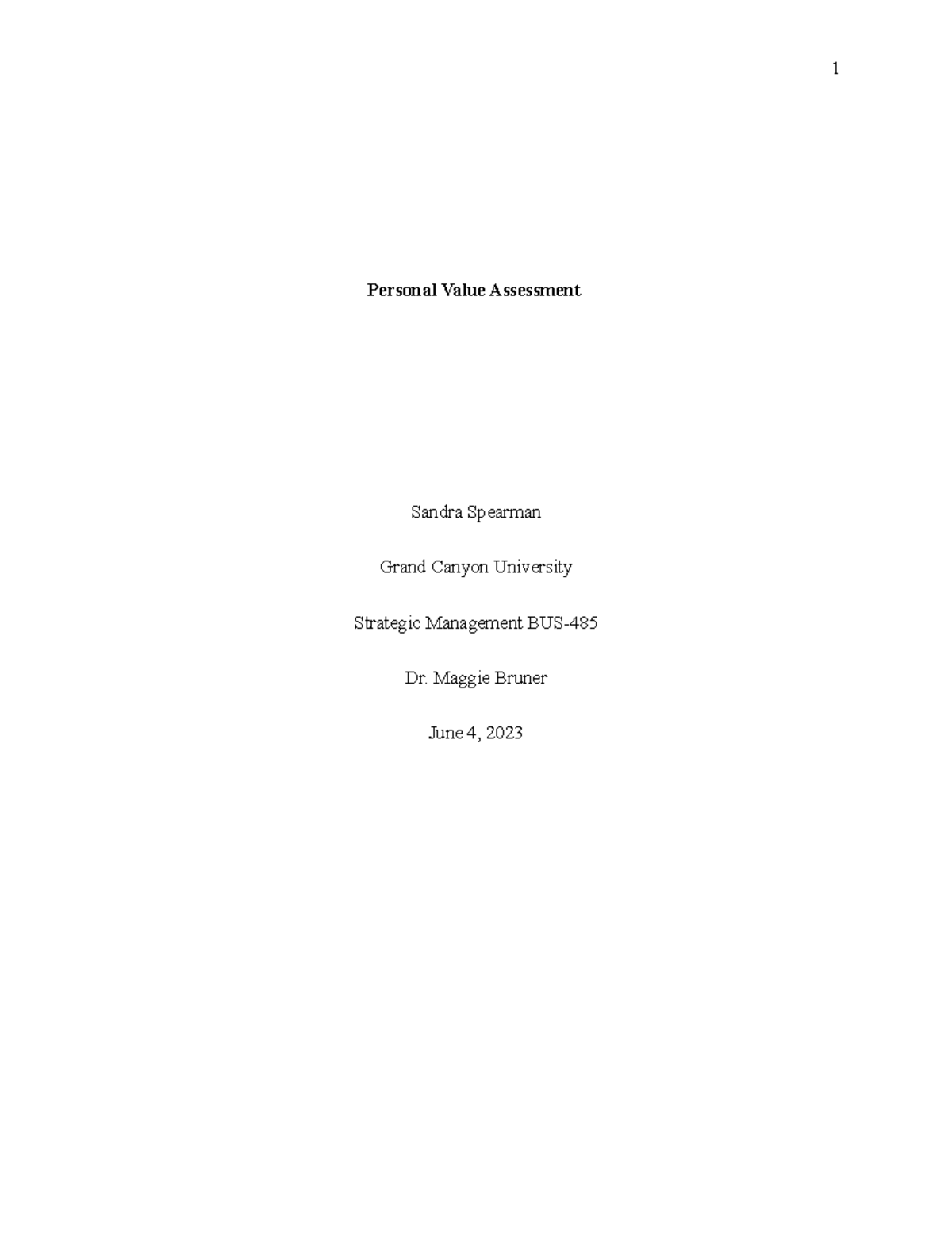 Personal Value Assessment - Personal Value Assessment Sandra Spearman ...