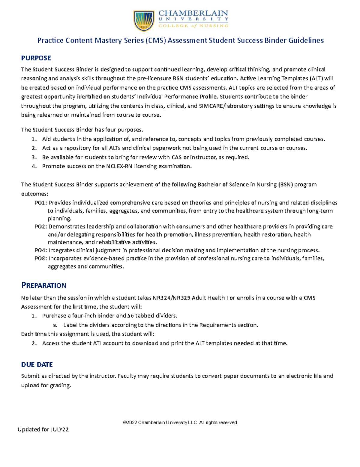 Week 6 Practice CMS Assessment SSB Guidelines JULY22 - PURPOSE The ...