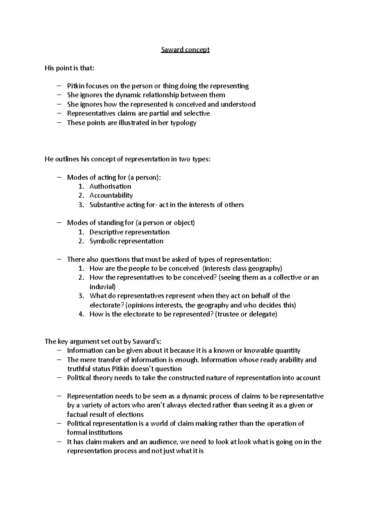 Saward concept - Saward concept His point is that: Pitkin focuses on ...