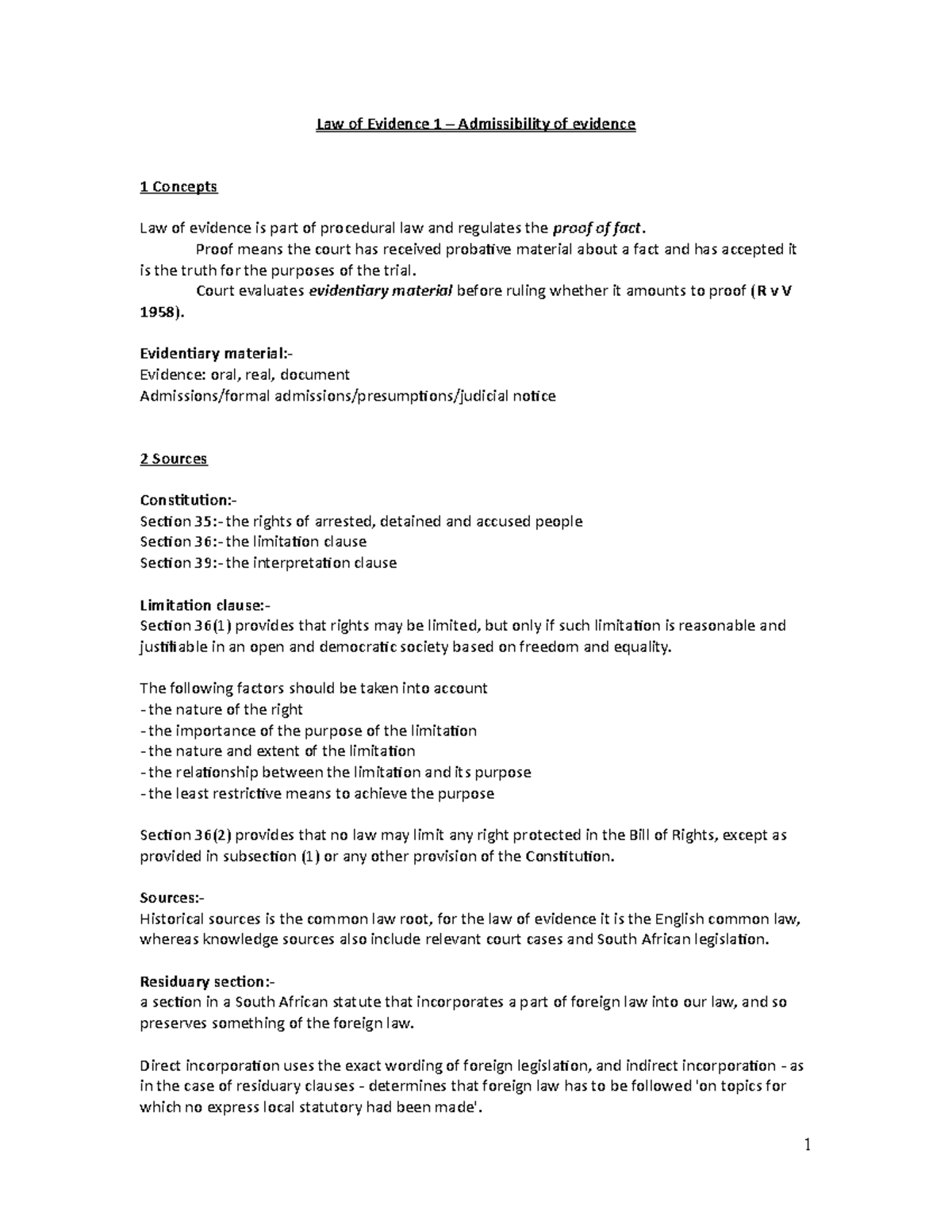 Evi3701fullnotes - NOTES ON LAW OF EVIDENCE - Law of Evidence 1 ...