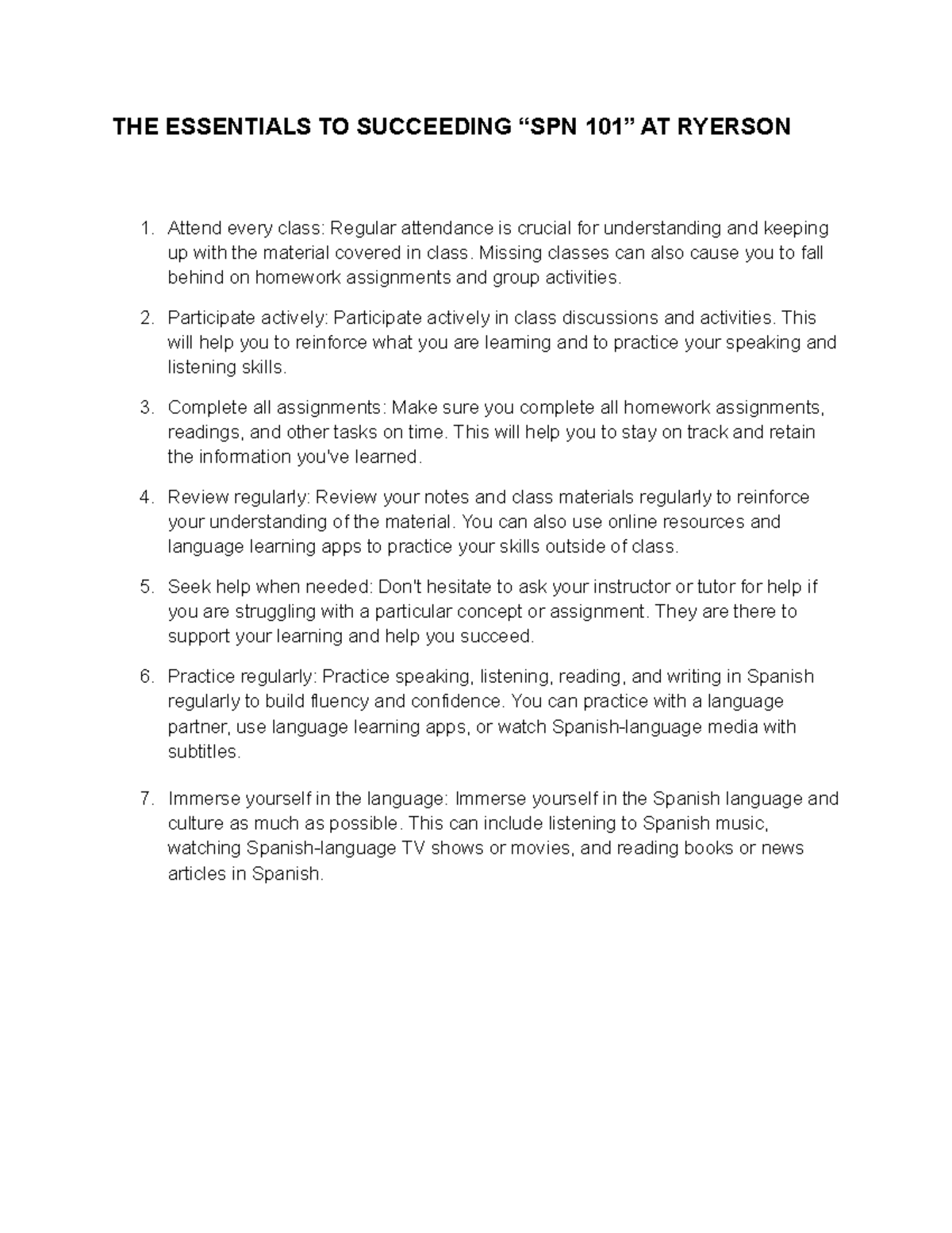 THE Essentials TO Succeding “SPN 101” AT Ryerson - THE ESSENTIALS TO ...