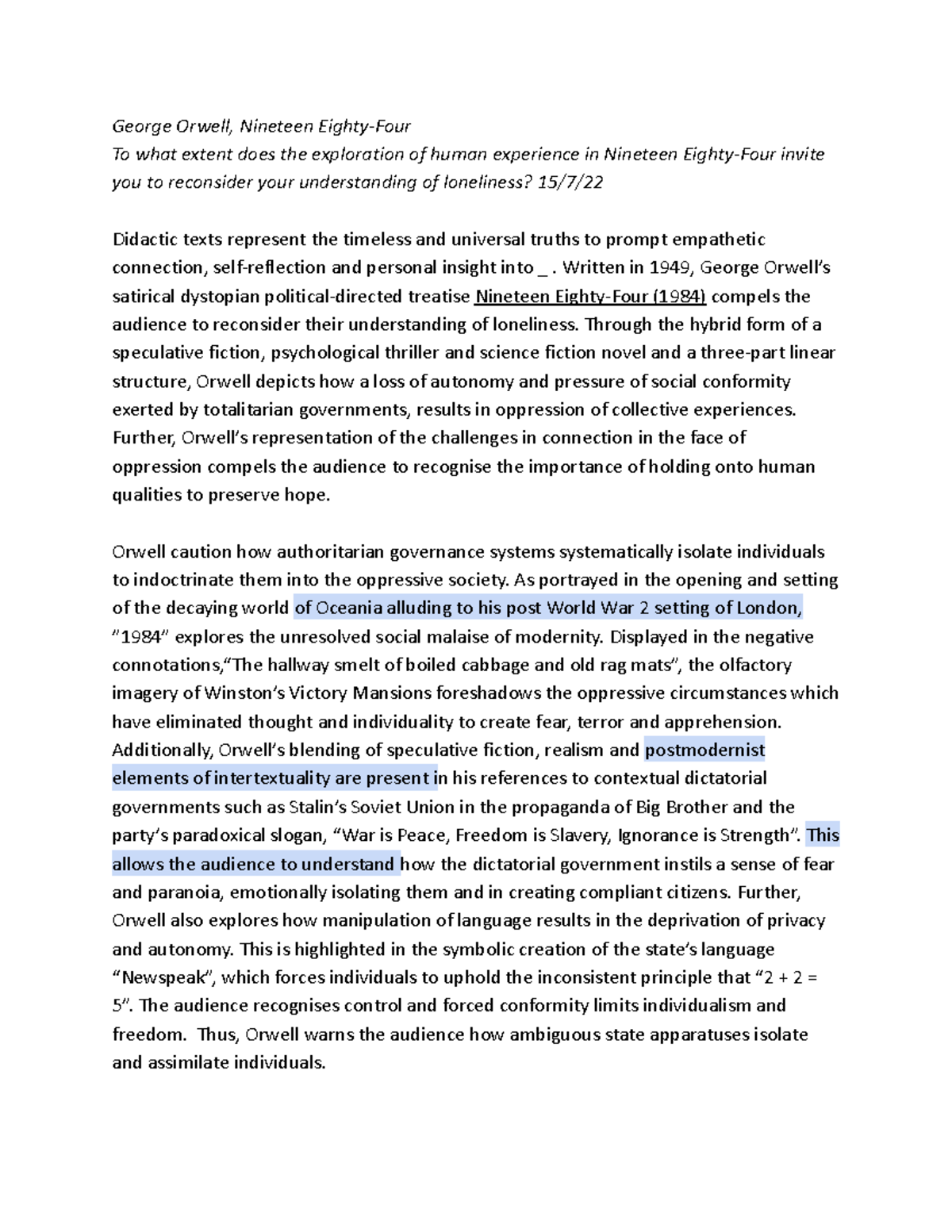 NEW 1984 Essay - George Orwell, Nineteen Eighty-Four To what extent ...