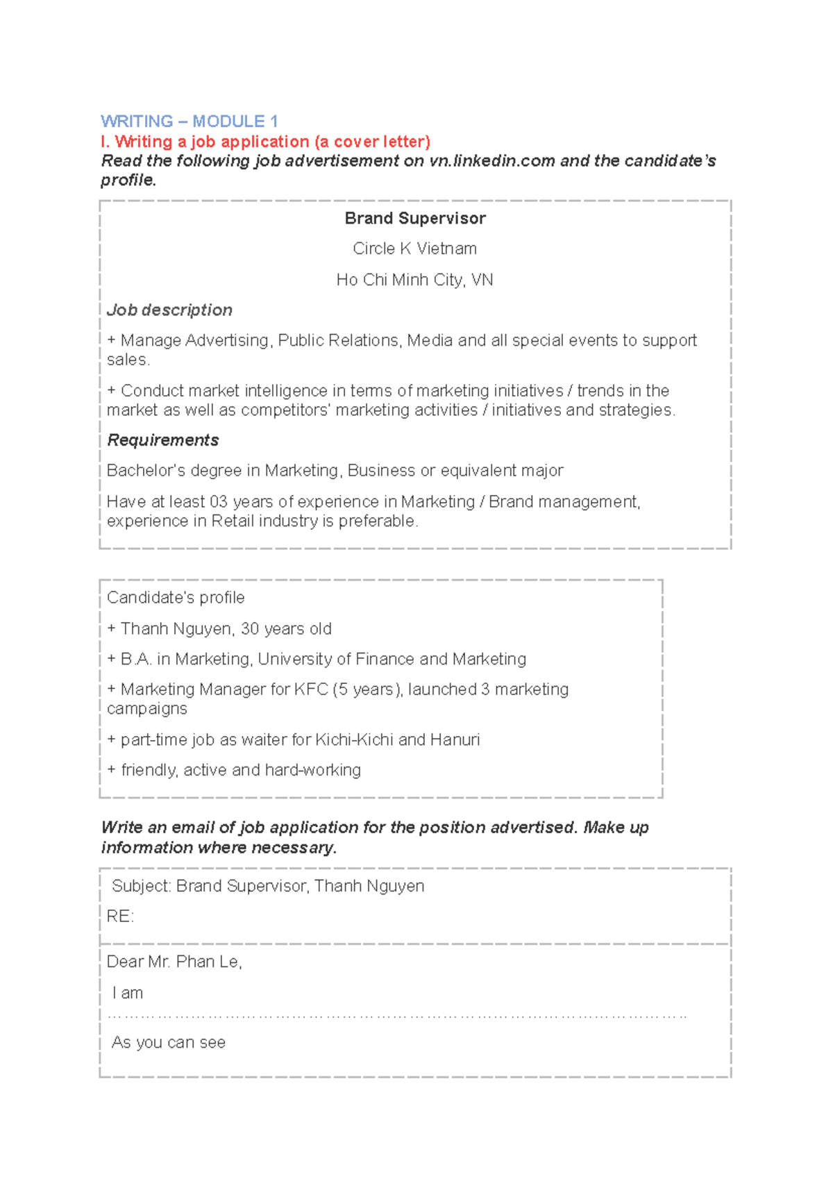 Writting - WRITING – MODULE 1 I. Writing a job application (a cover ...