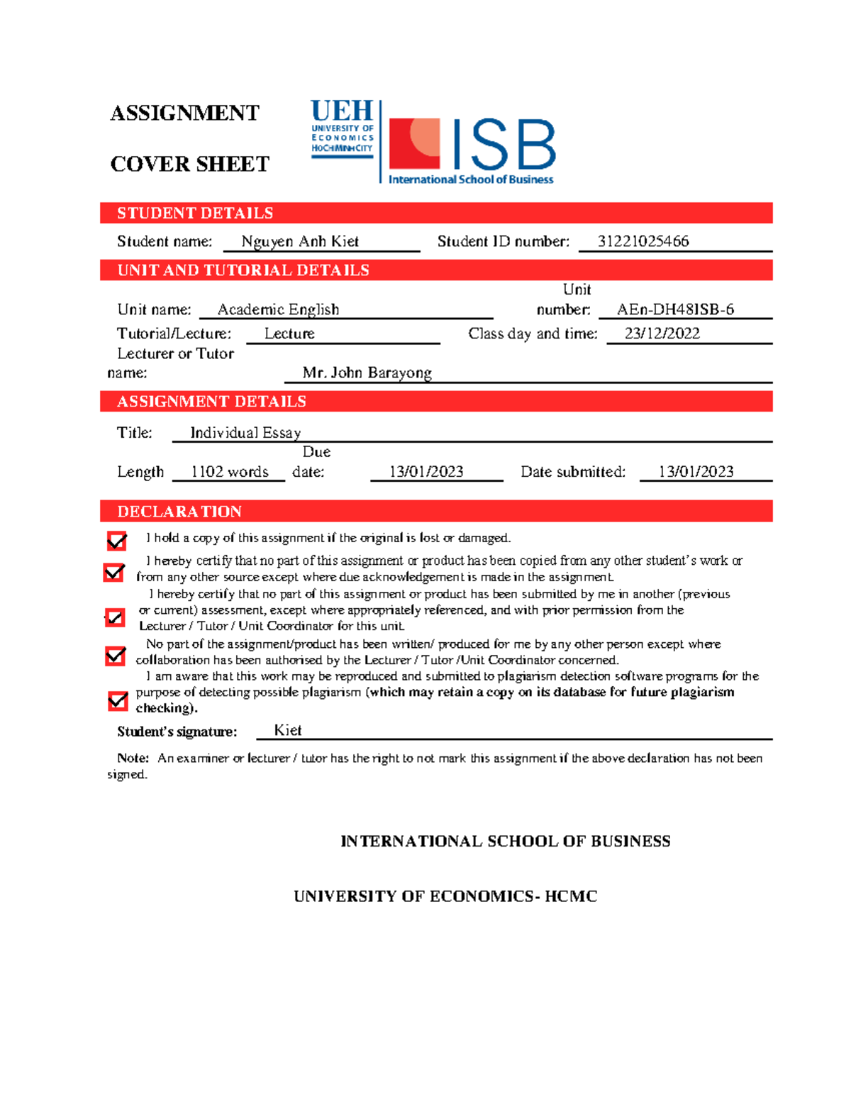 Nguyen Anh Kiet-DH48-ISB-6-Individual-Essay 4 - ASSIGNMENT COVER SHEET STUDENT DETAILS Student ...