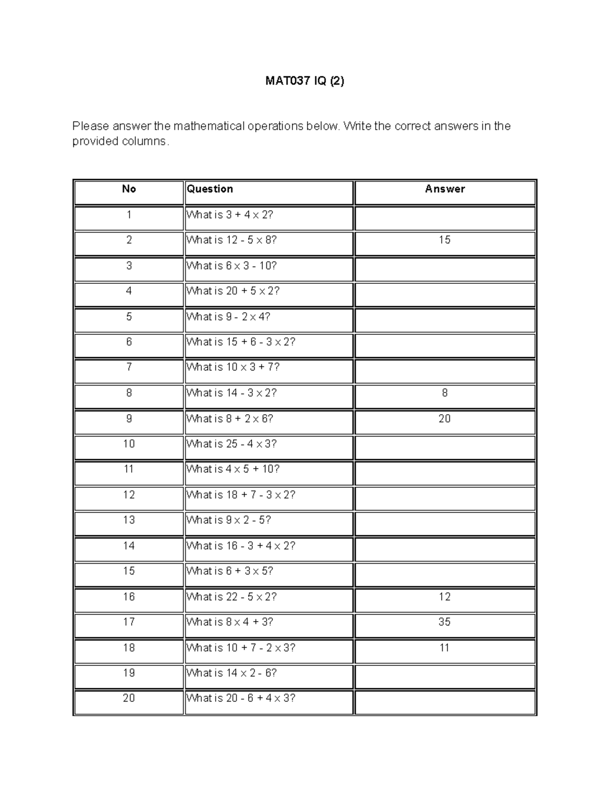 MAT037 IQ2 - MATH037 - MAT037 IQ (2) Please answer the mathematical operations below. Write the ...