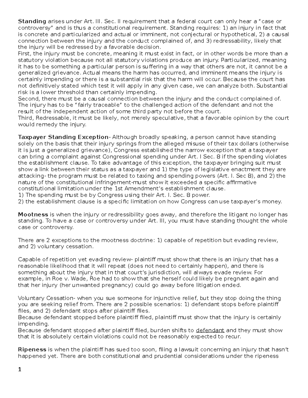 Con Law Blurbs Prep For Final Exam Standing Arises Under Art III Con Law Blurbs Prep For Final Exam Standing Arises Under Art III