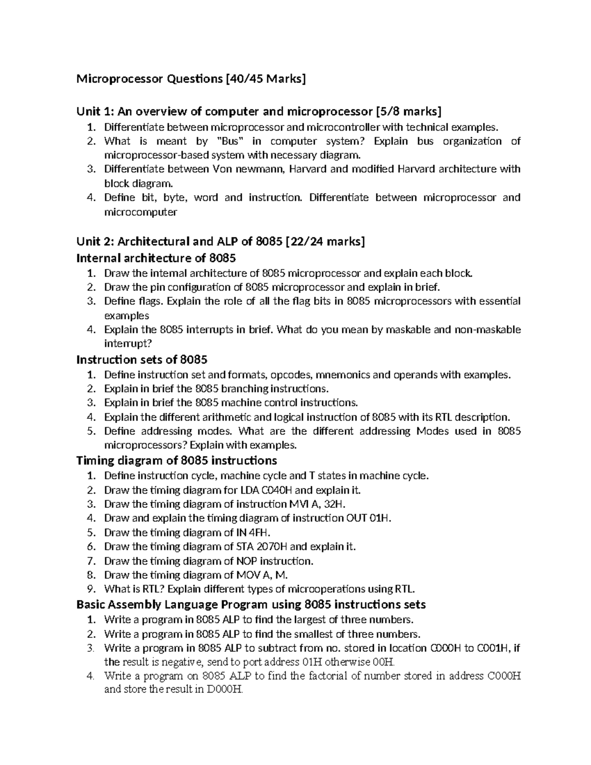 BE microprocessor chapterwise questions IT New - Microprocessor Questions [40/45 Marks] Unit 1 ...