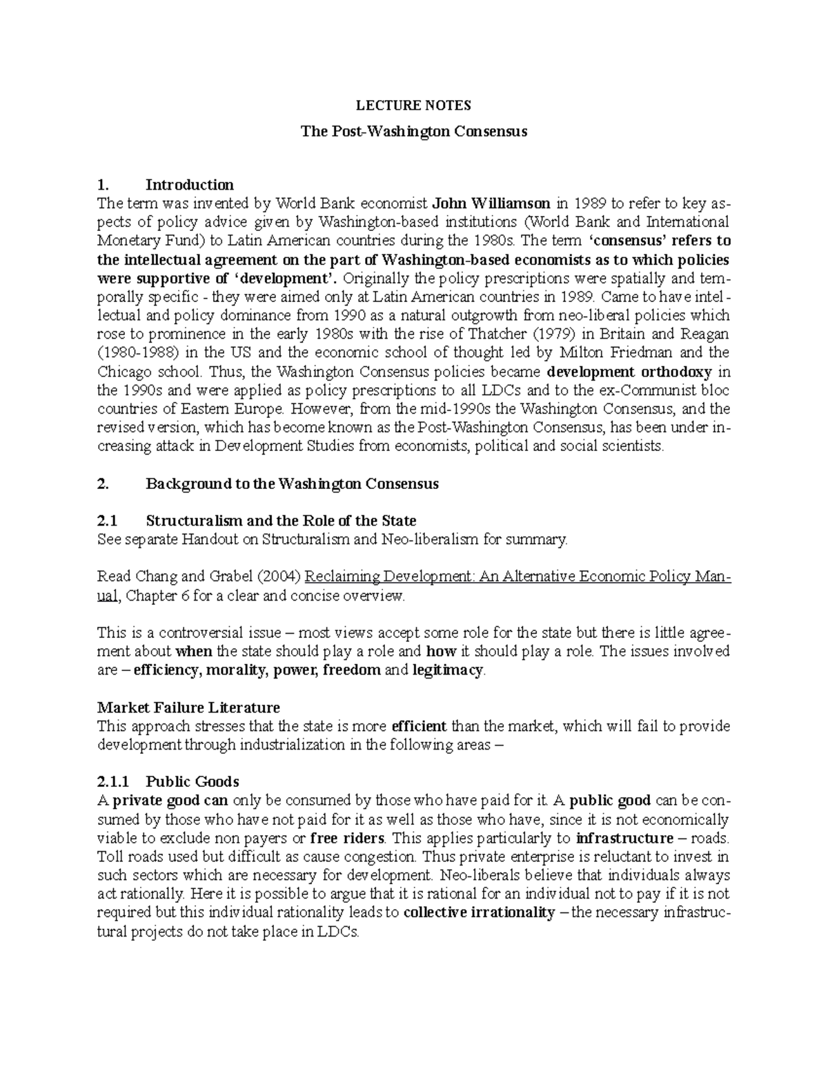The Post-Washington Consensus - LECTURE NOTES The Post-Washington ...