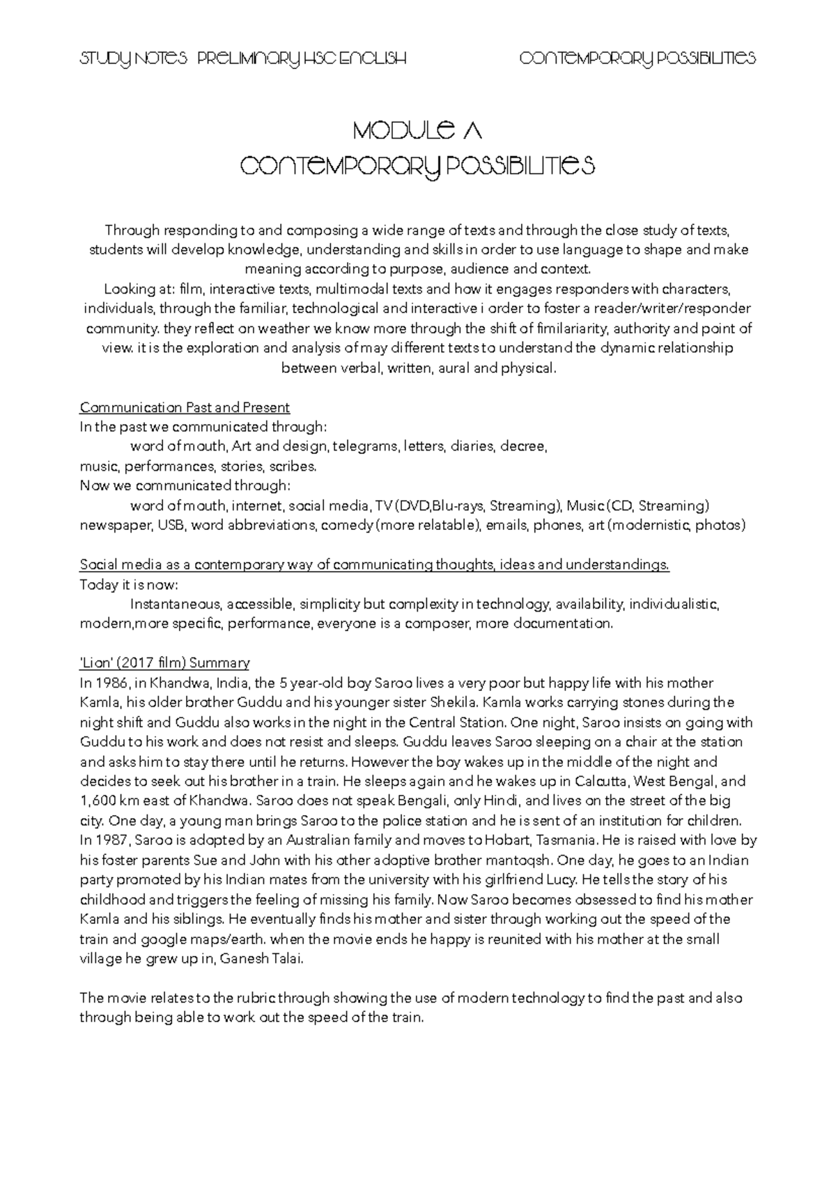 Module A - Contempoary Possibilities - Notes - Study Notes- Preliminary ...