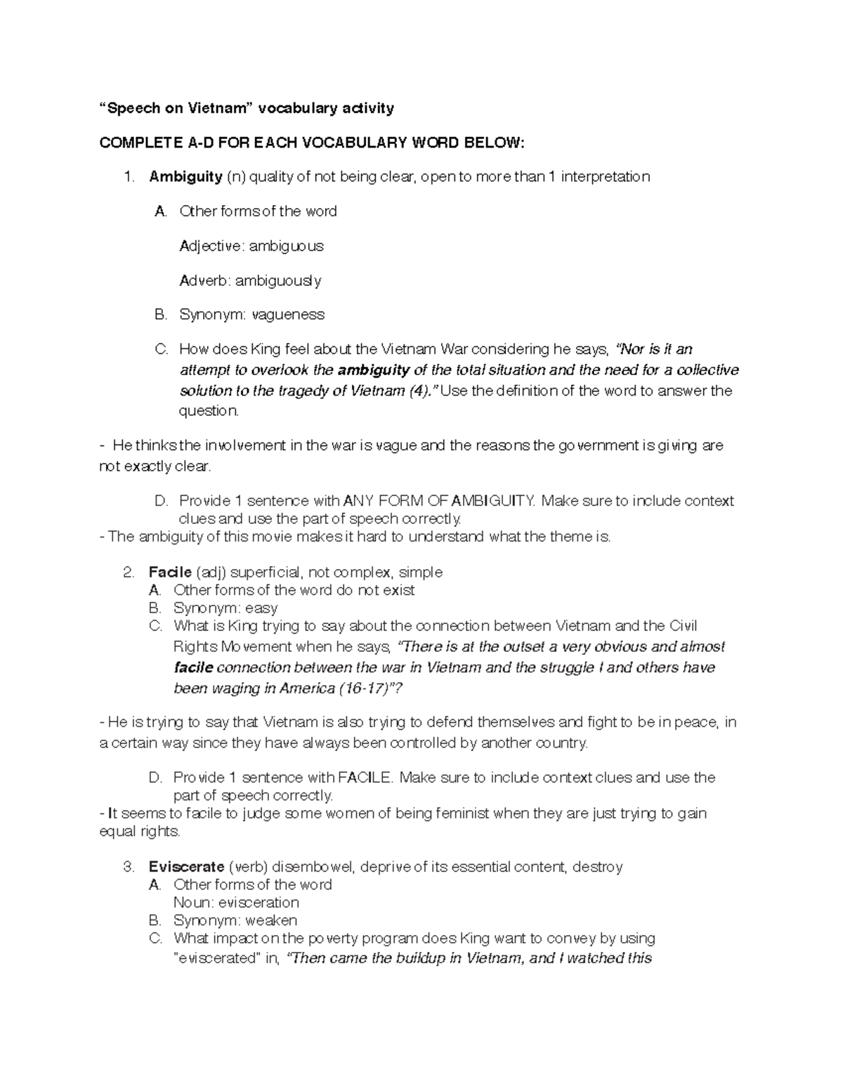 MLK vocab activity 2 - Notes - “Speech on Vietnam” vocabulary activity ...
