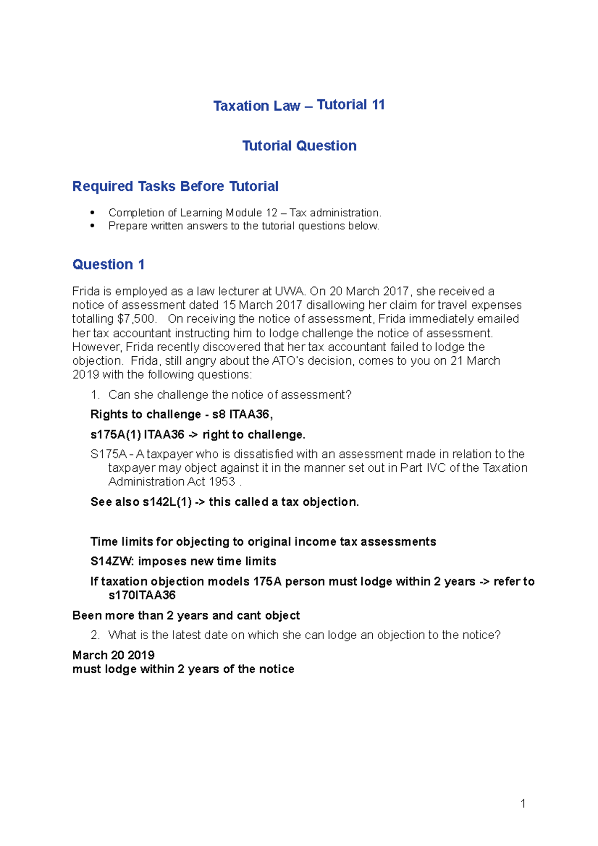 Tutorial 11 - Tutorial Questions - Taxation Law – Tutorial 11 Tutorial Question Required Tasks ...