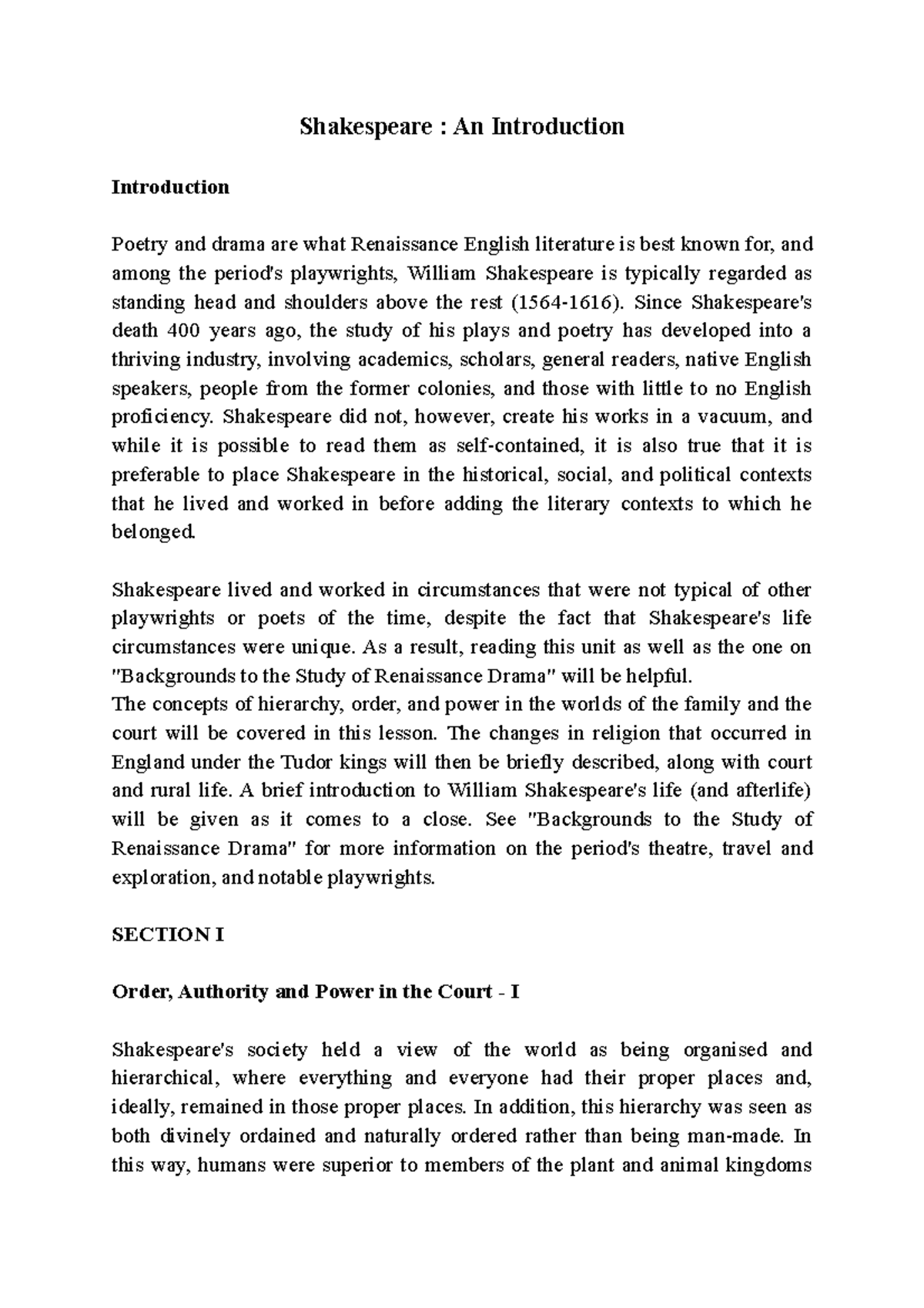 Shakespeare - An Introduction - Shakespeare : An Introduction ...