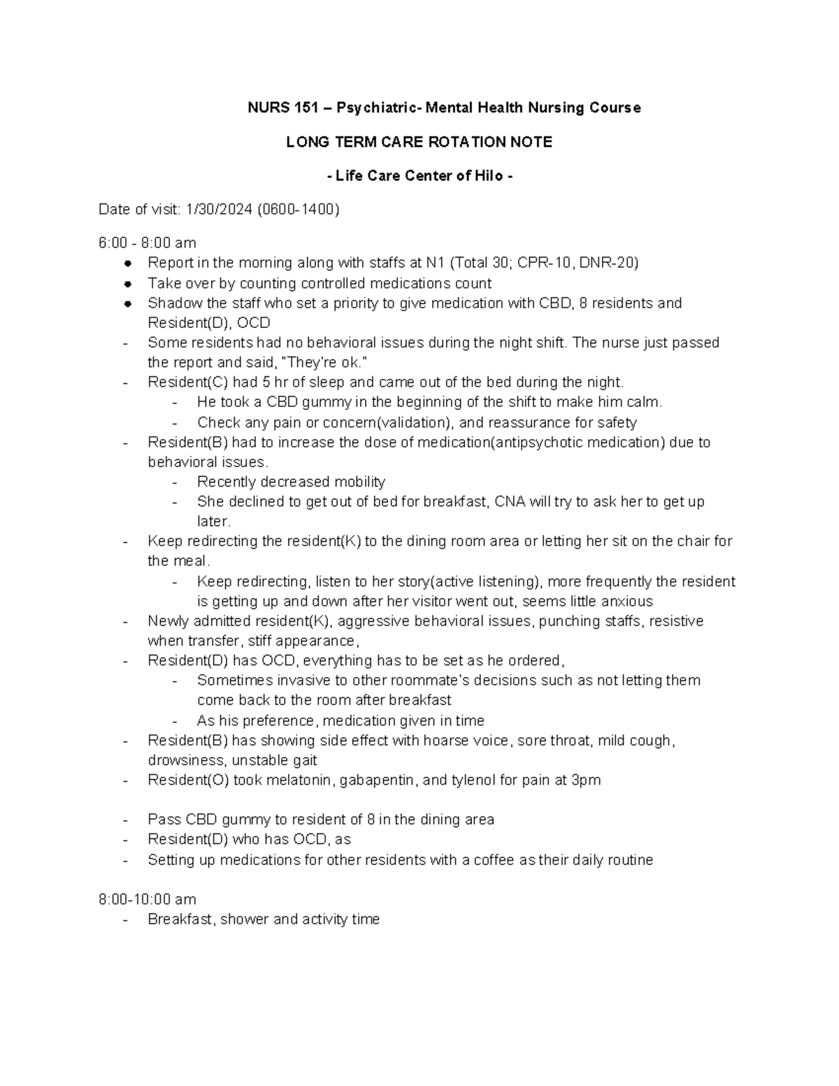 LTC - clinical paper work - NURS 151 – Psychiatric- Mental Health ...