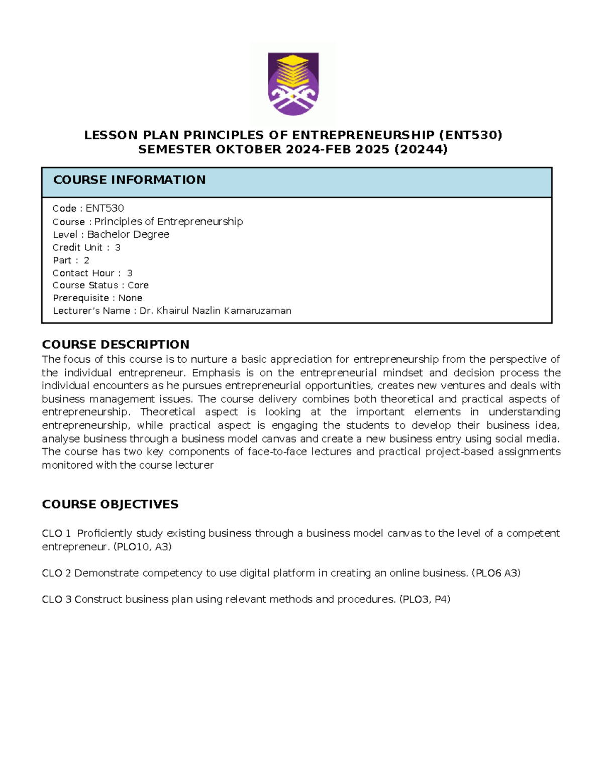 Latest lesson plan ENT530 OCT 2024 - LESSON PLAN PRINCIPLES OF ...