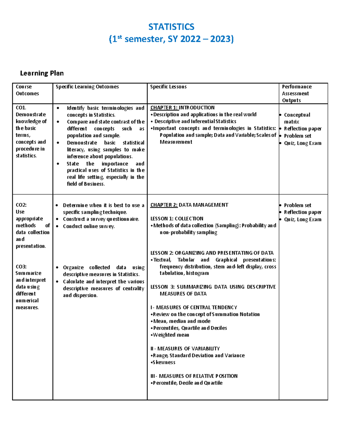 Lesson Outline in Statistics - STATISTICS ( st semester, SY 2022 – 2023 ...