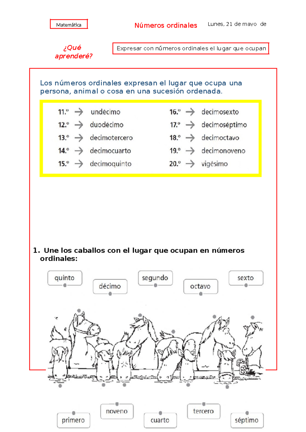 Actividad 01 de junio - MAT - Expresar con números ordinales el lugar ...