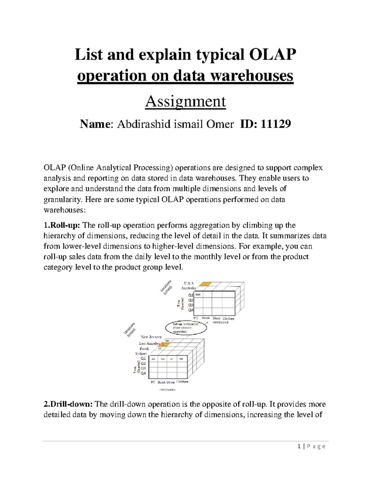 Assignment Olap Operation On Data Warehouses 1 P A G E List And Explain Typical Olap
