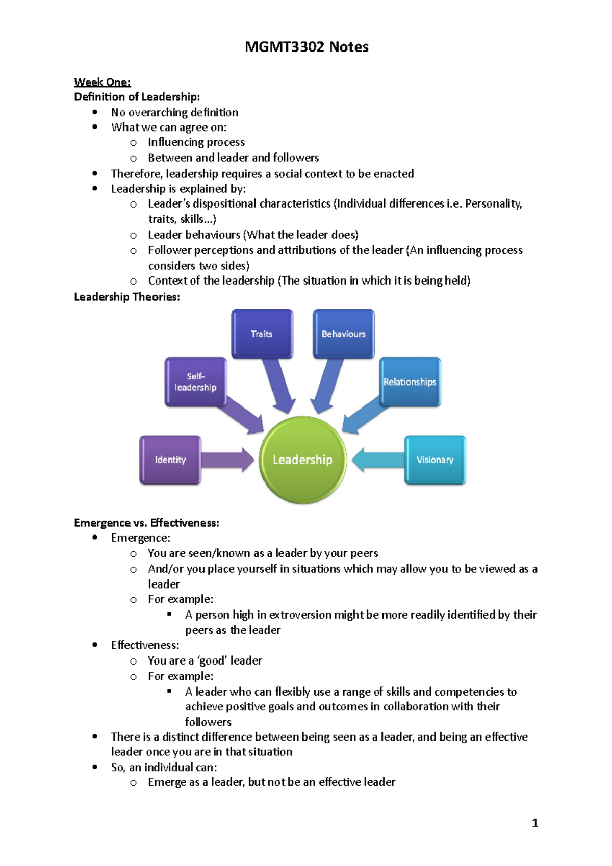 MGMT3302 Notes - Personality, traits, o Leader behaviours (What the ...