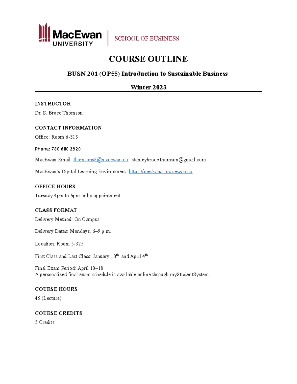 BUSN 201 Course Outline W23 - busn 201 - MacEwan - Studocu