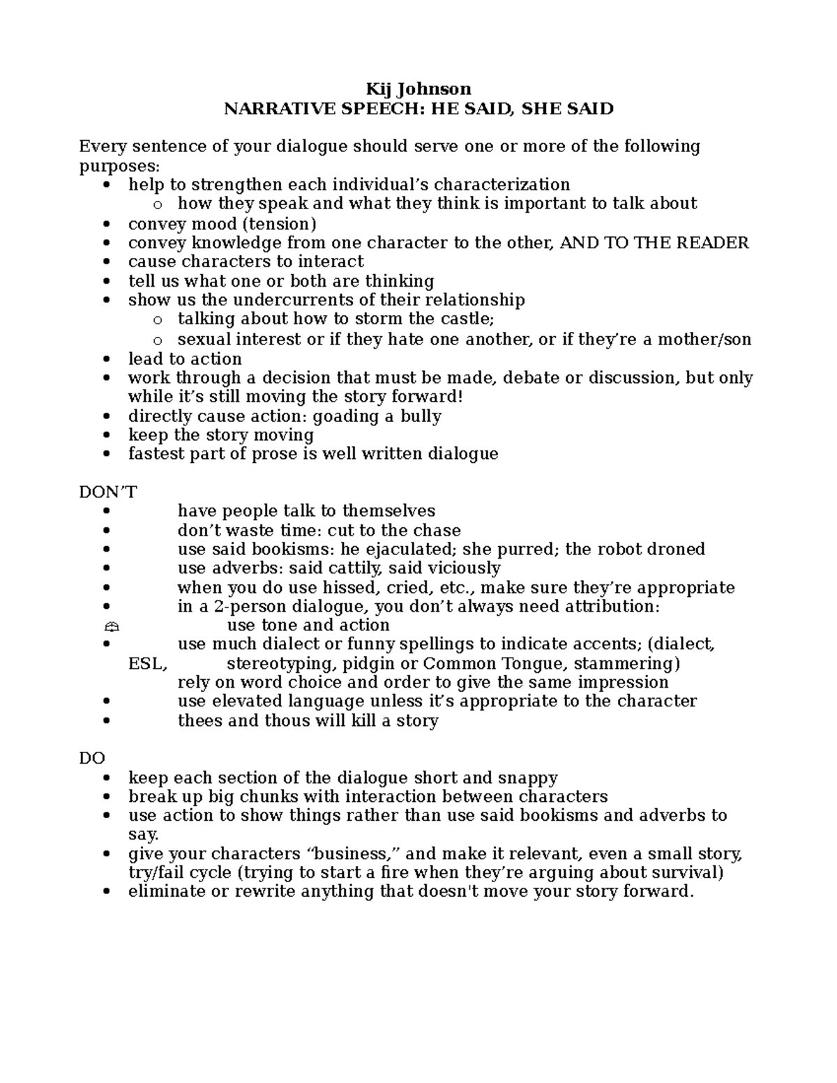 Dialogue handout copy - Kij Johnson NARRATIVE SPEECH: HE SAID, SHE SAID ...