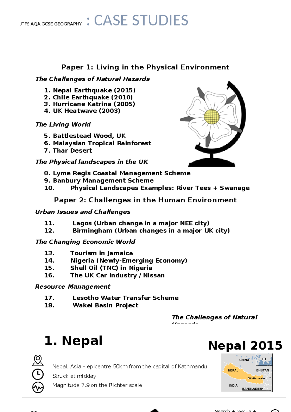 Final JTFS GCSE Geography Case Study Booklet - Paper 1: Living in the ...
