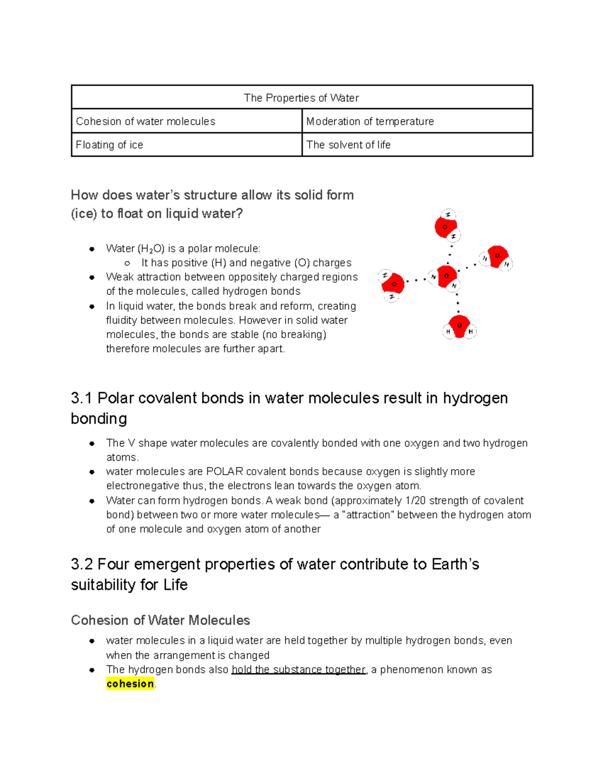 Ch. 3 Water and Life - The Properties of Water Cohesion of water ...