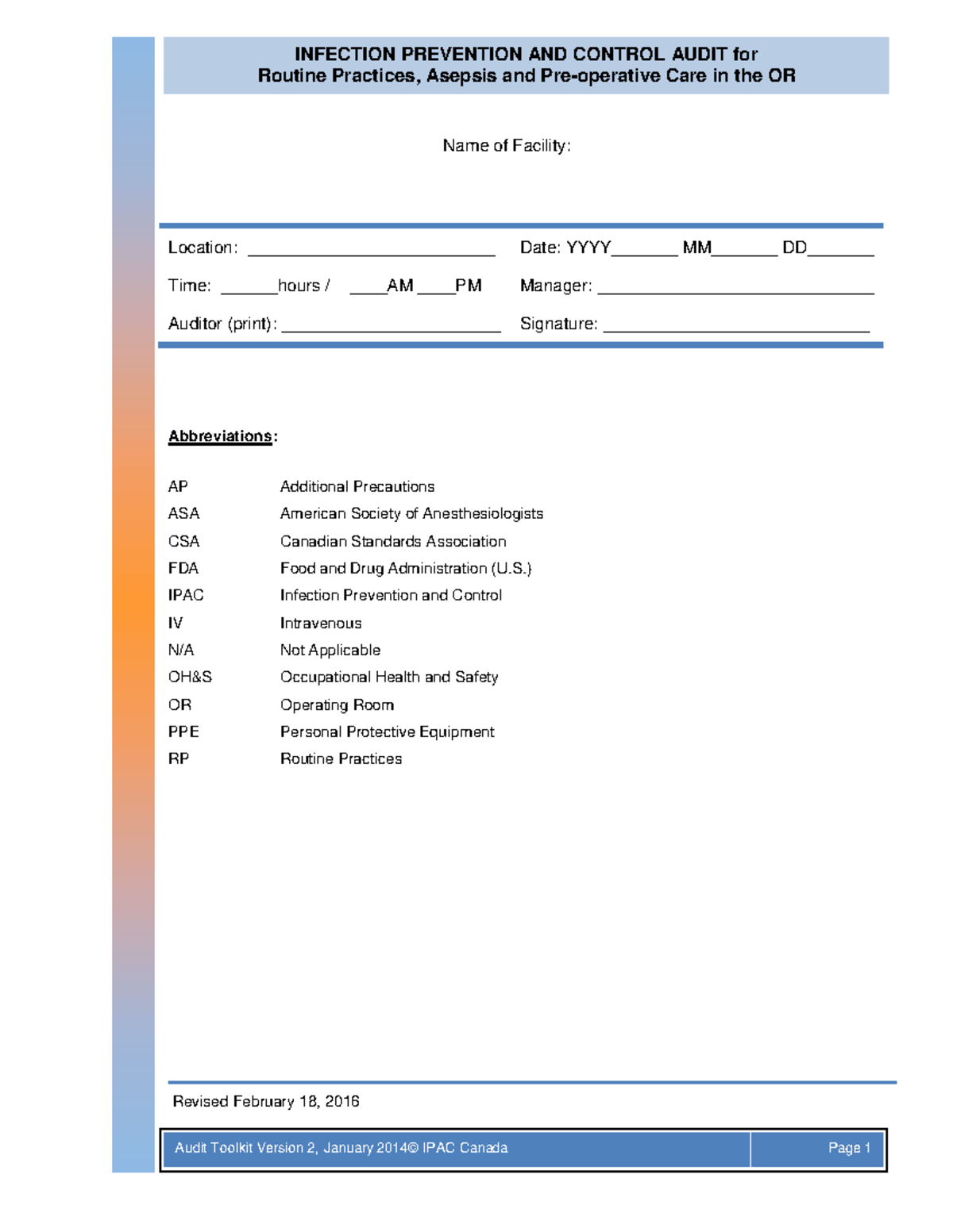 Tools OR RP Asepsis Pre-op Care-2016 Feb - Audit Toolkit Version 2, January 2014© IPAC Canada ...