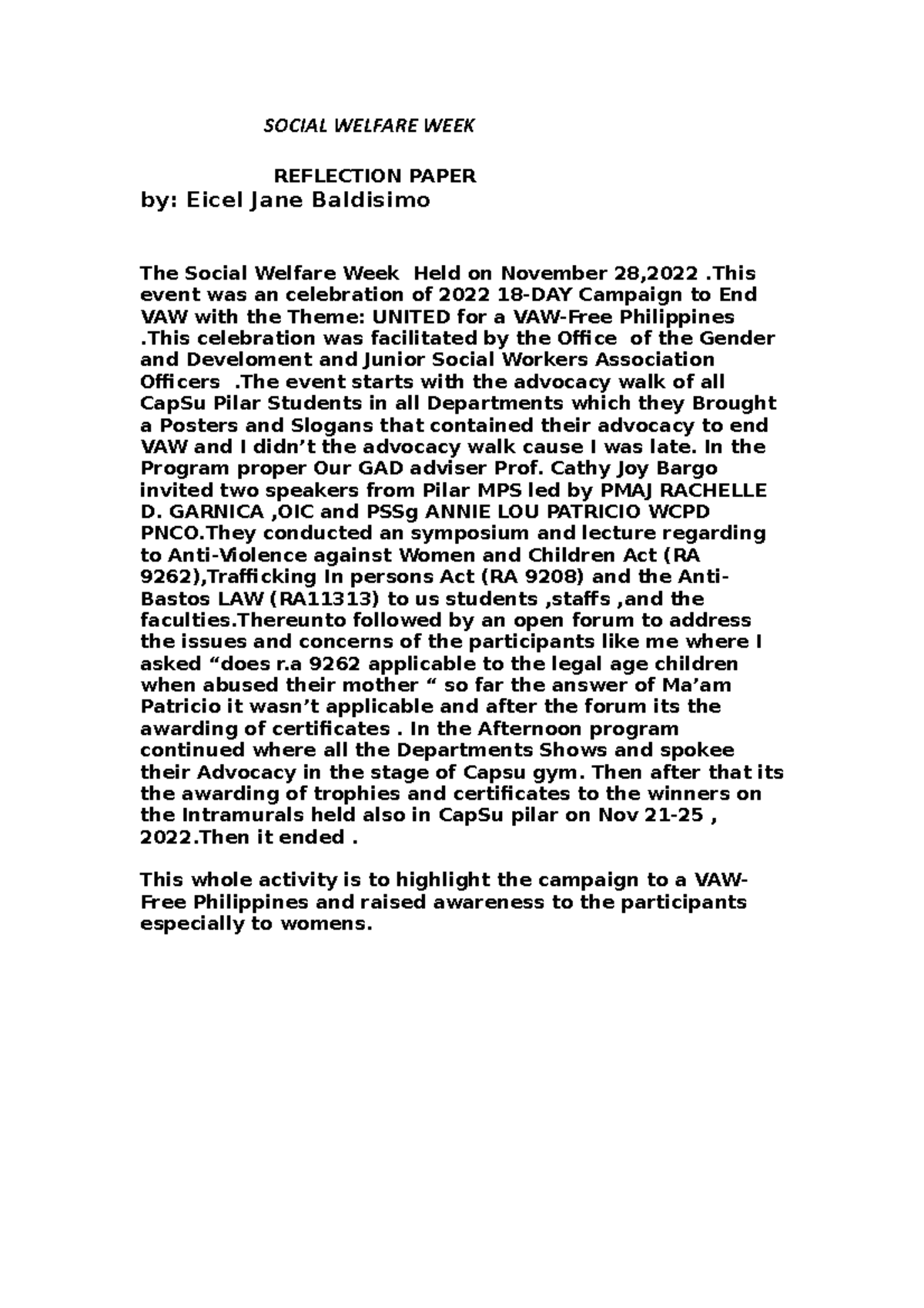 Tree - This a output - SOCIAL WELFARE WEEK REFLECTION PAPER by: Eicel ...