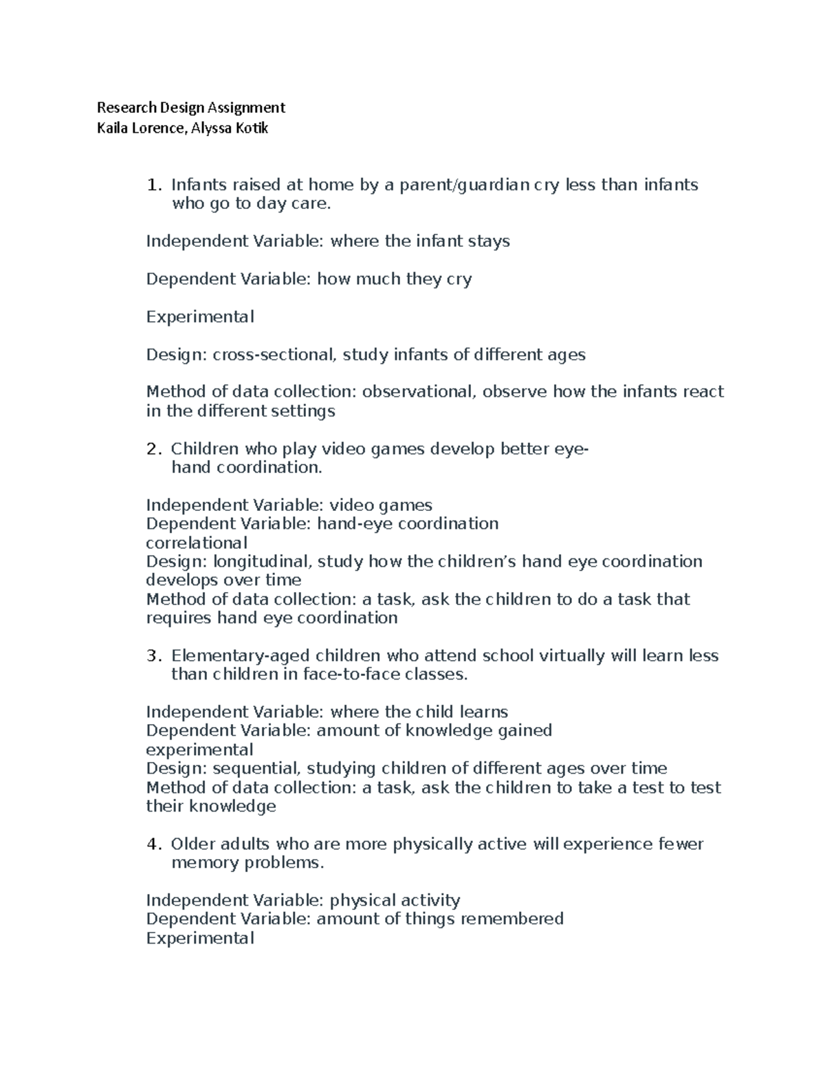 Research Design Assignment - Research Design Assignment Kaila Lorence ...