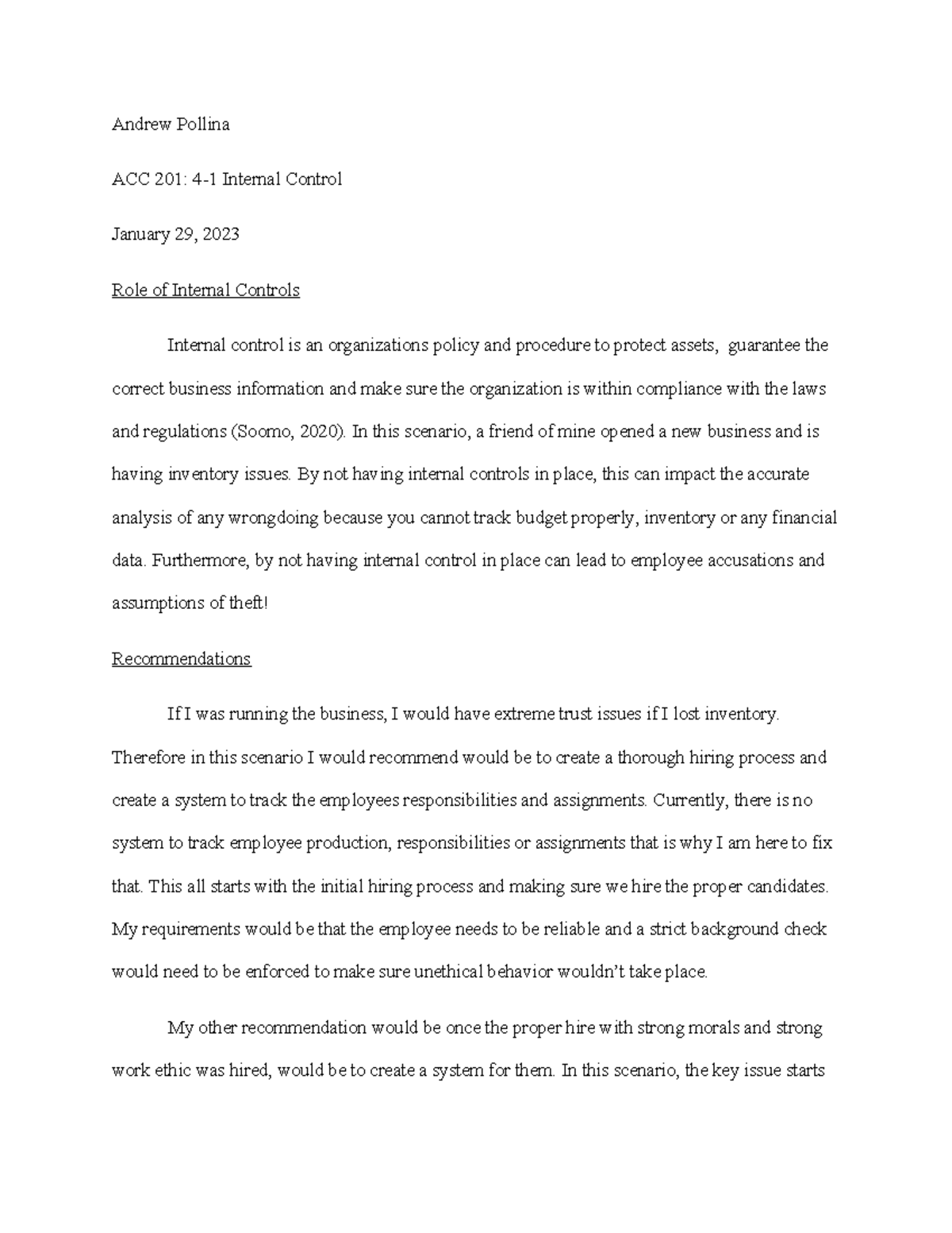 Acc 201 module 4 assignment - Andrew Pollina ACC 201: 4-1 Internal ...