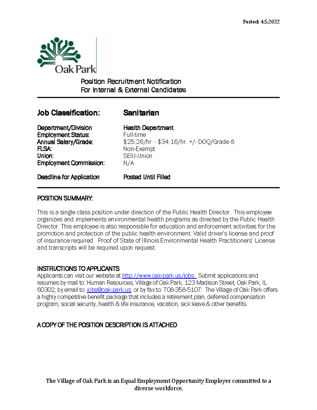2022-04-05 sanitarian job posting - Posted: 4.5 Position Recruitment ...