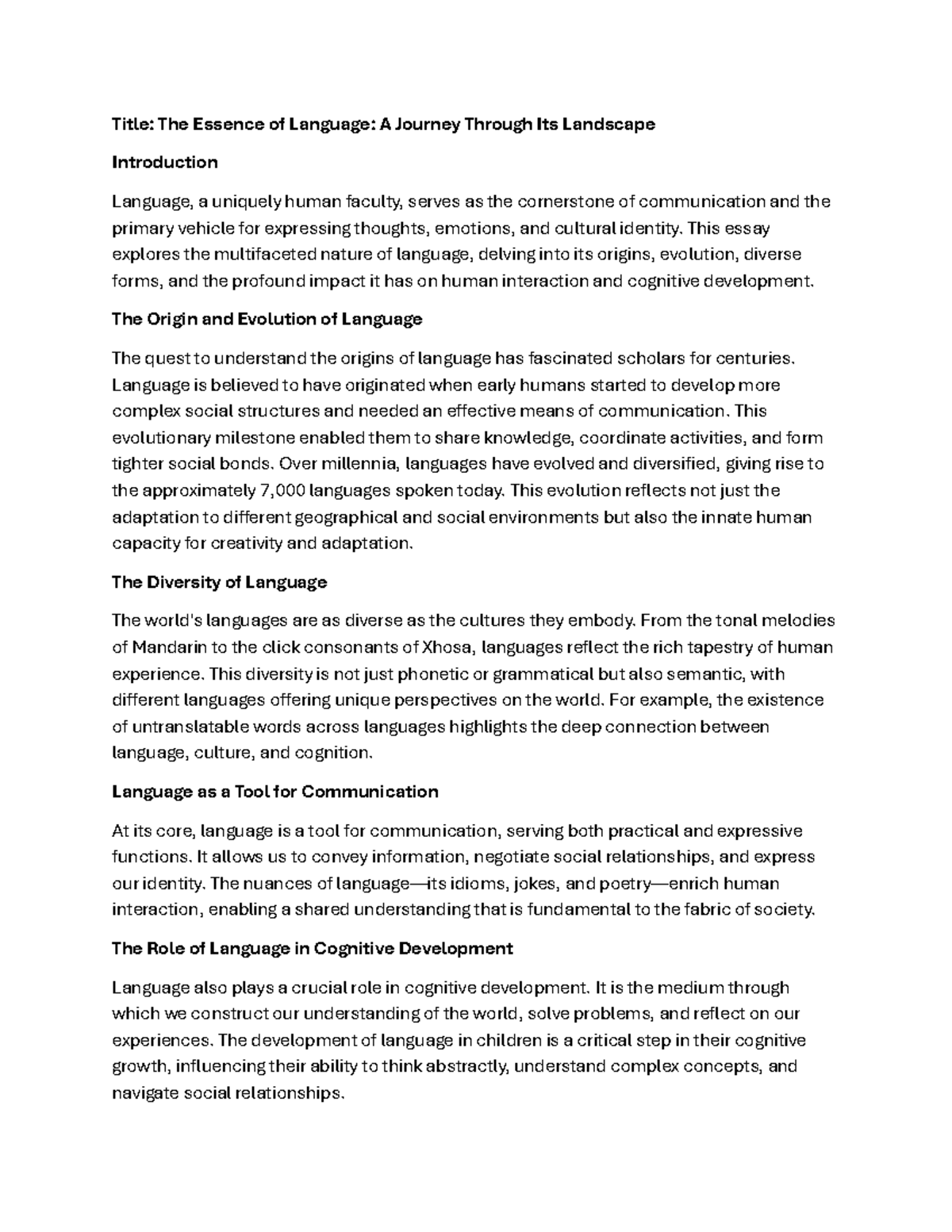 Language essay - Title: The Essence of Language: A Journey Through Its ...